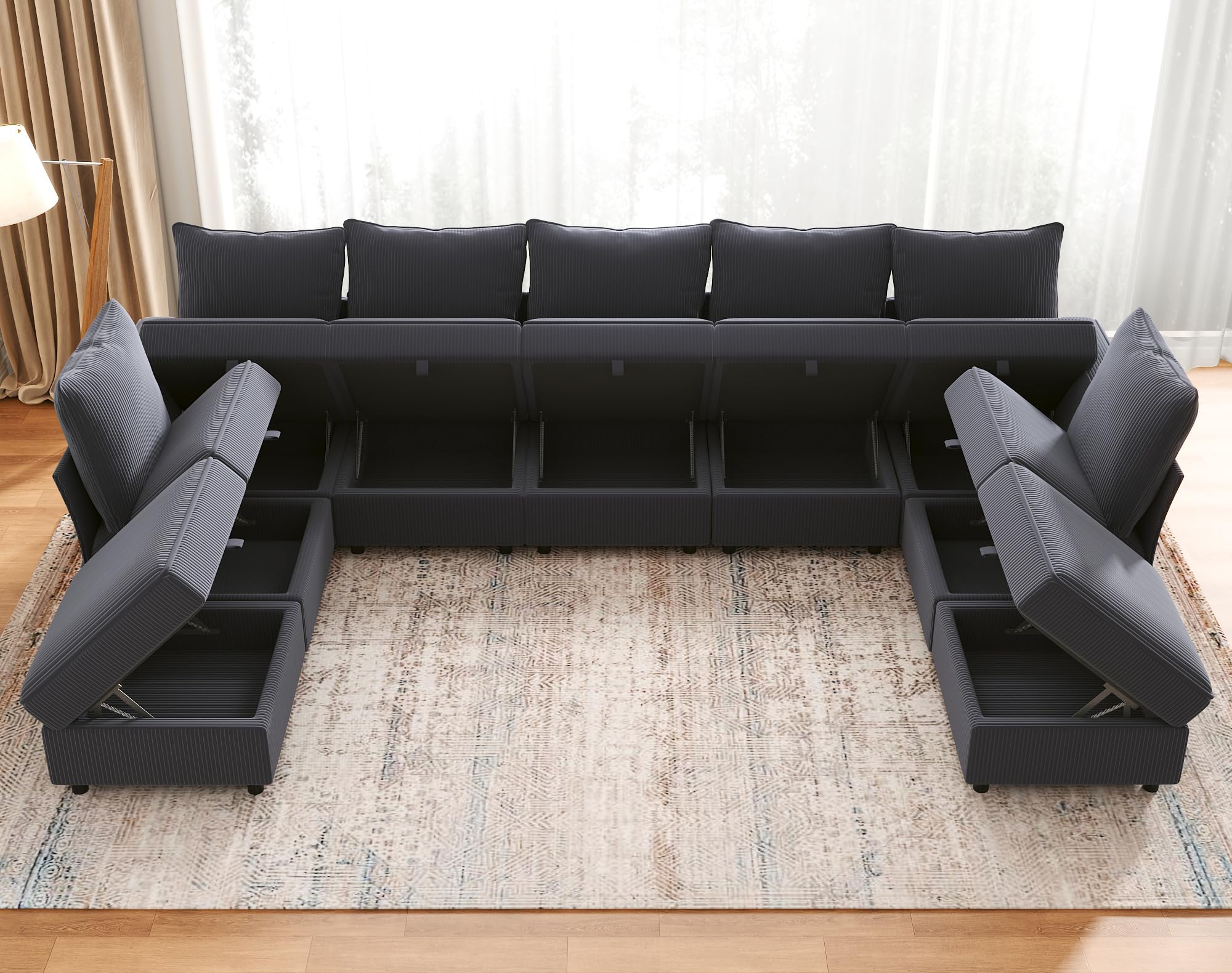 KCHUSAL Modular Sectional Sofa - Premium Corduroy Upholstery, Hidden Storage, Sectional Couches for Living Room or Office, 9 Pieces, Gray