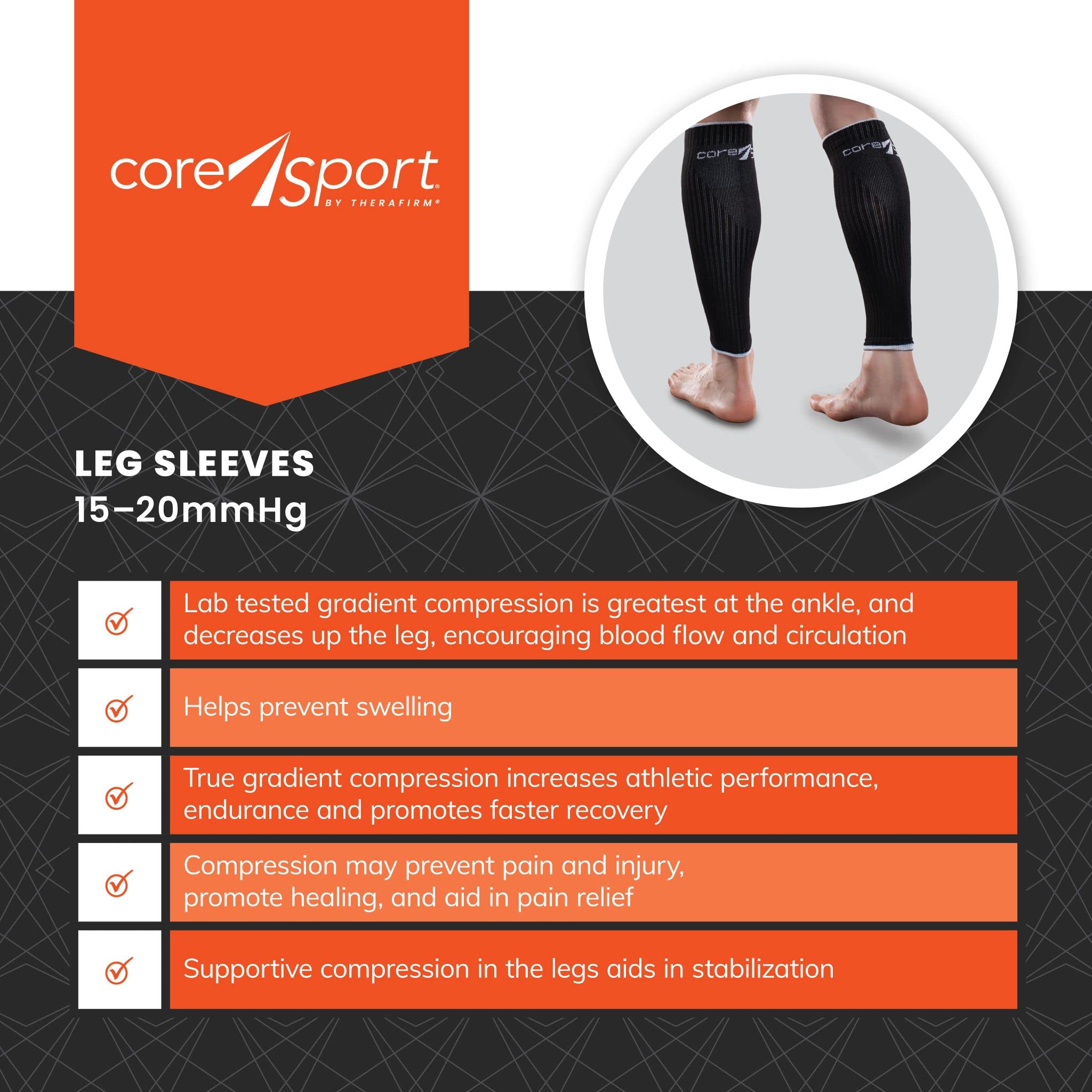 CoreSport Athletic Leg Sleeves for Support - 15-20mmHg Mild Compression for Athletes (Black, XL)