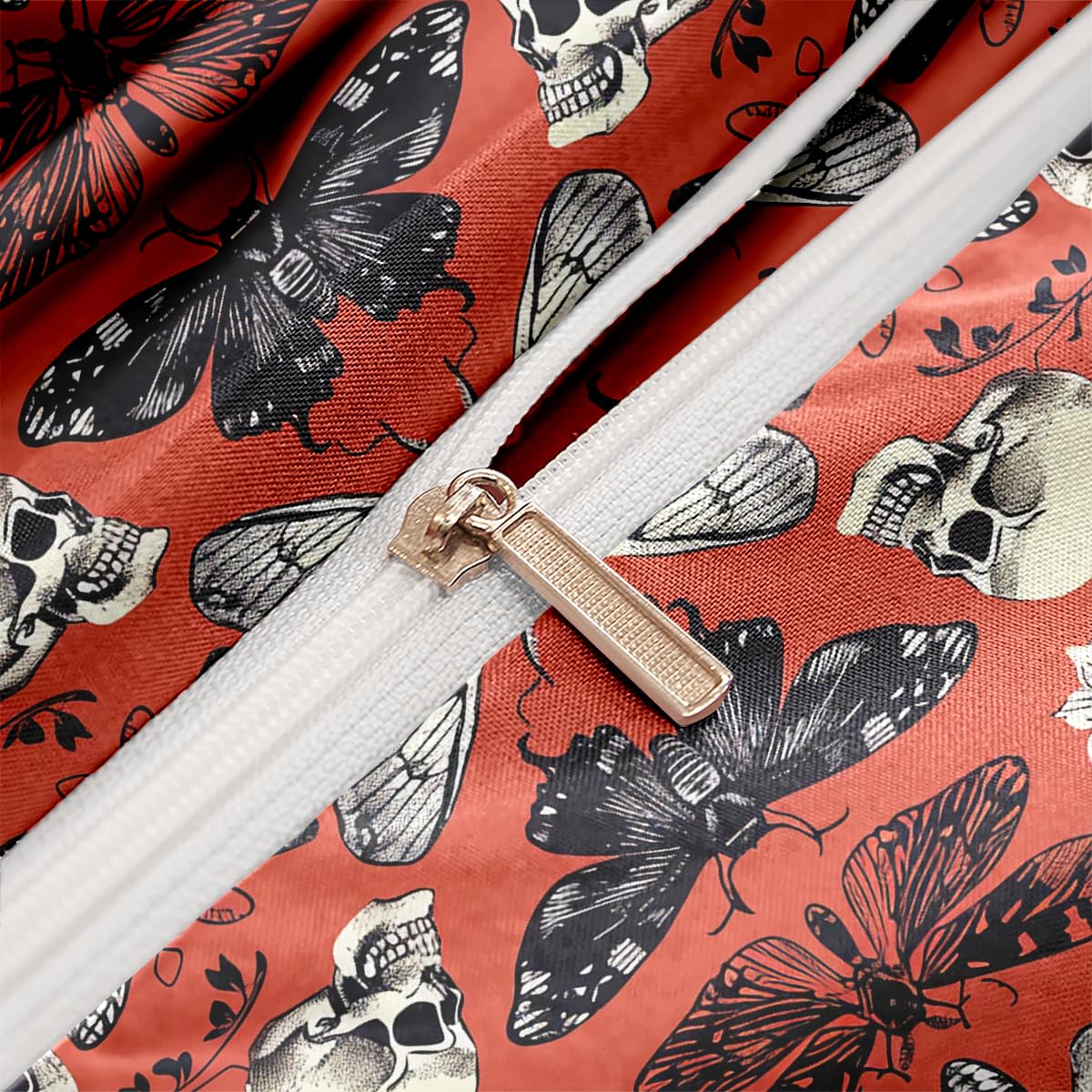 Menkala Gothic Skull Duvet Cover Queen Size Moth Comforter Cover White Floral Duvet Cover Set Black Leaf Death Moth Bedding Set Breathable Durable Soft