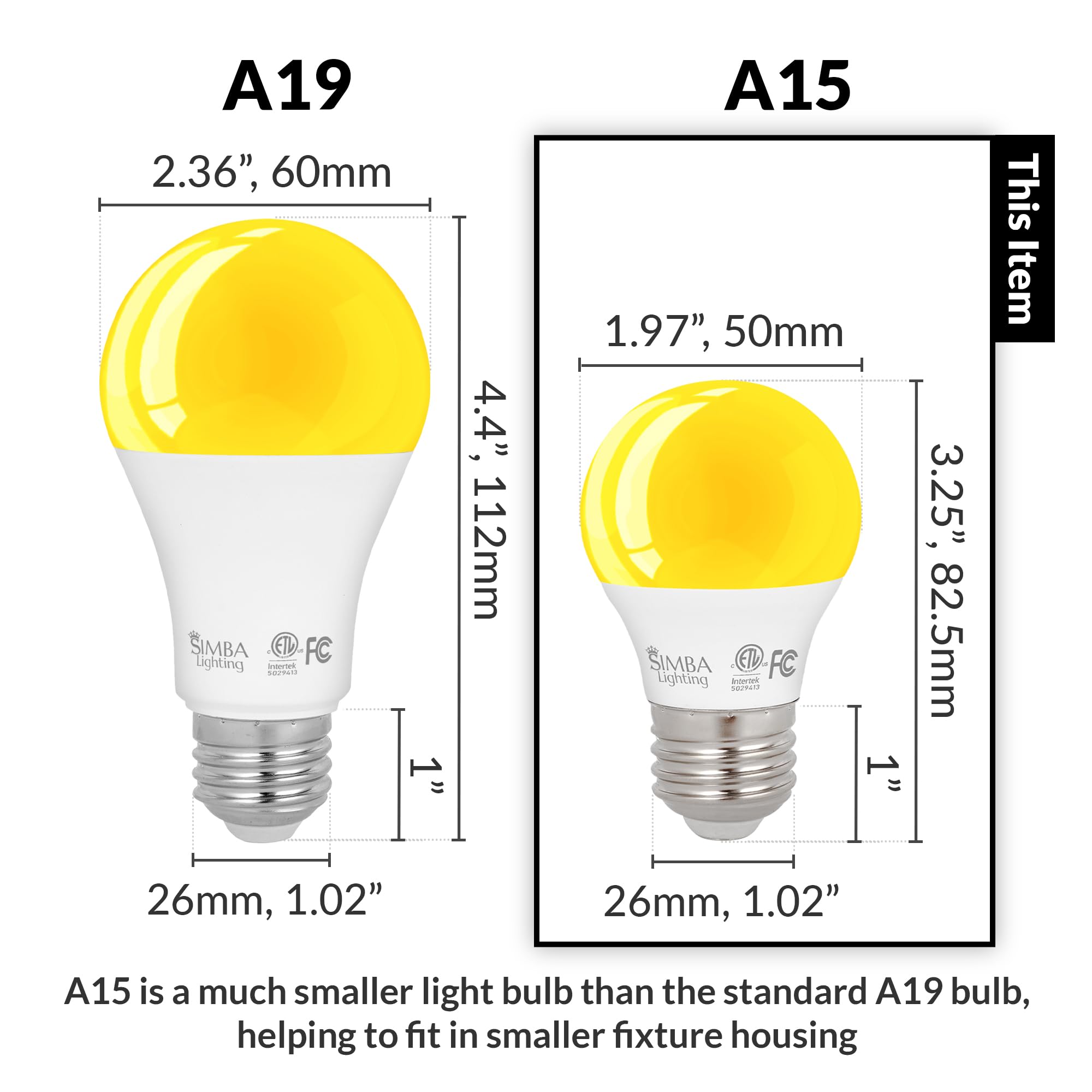 Simba Lighting LED Bug Non-Attracting Yellow Bulb 5W 40W Equivalent (4 Pack), Great for Outdoor Porch Light, Patio, Security, Night Light, Amber Warm Light, Compact A15 Shape E26 Medium Base
