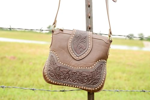 Concealed Carry Tooled Leather Crossbody Purse - Coffee