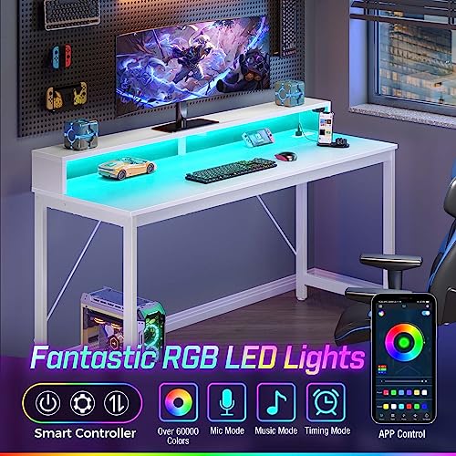 Rolanstar Computer Desk 55" with LED Lights & Power Outlets, Home Office Desk with Monitor Shelf, Gaming Desk, Writing Desk, Study Desk for Student & Kids, White