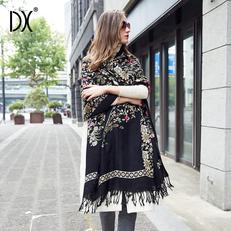 DANA XU 100% Merino Wool Extra Large Pashmina Blanket Travel Scarf Cashmere Wrap for Women Fall Winter Oversize Shawl Floral