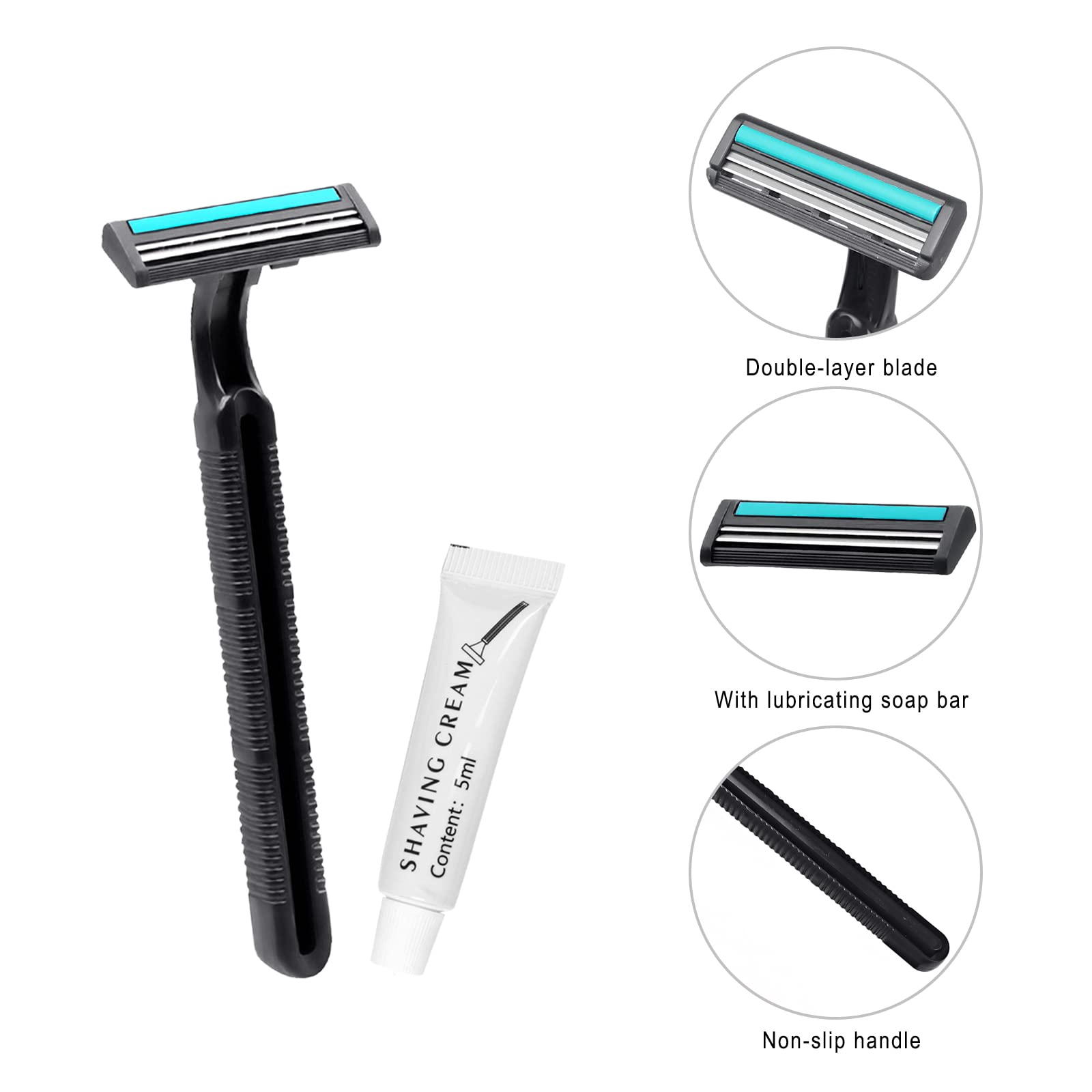 Disposable Razors in Bulk, Bulk Razors with Knife Cap, Black, Individually Packaged Disposable Razors Bulk with Shaving Cream for Hotels, Nursing Homes, Shelters, Homeless, Charities (pack-50)