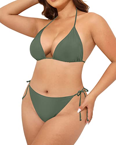 Tempt Me Women Plus Size Triangle Bikini String Two Piece Halter Tie Side Swimsuit Army Green 16 Plus