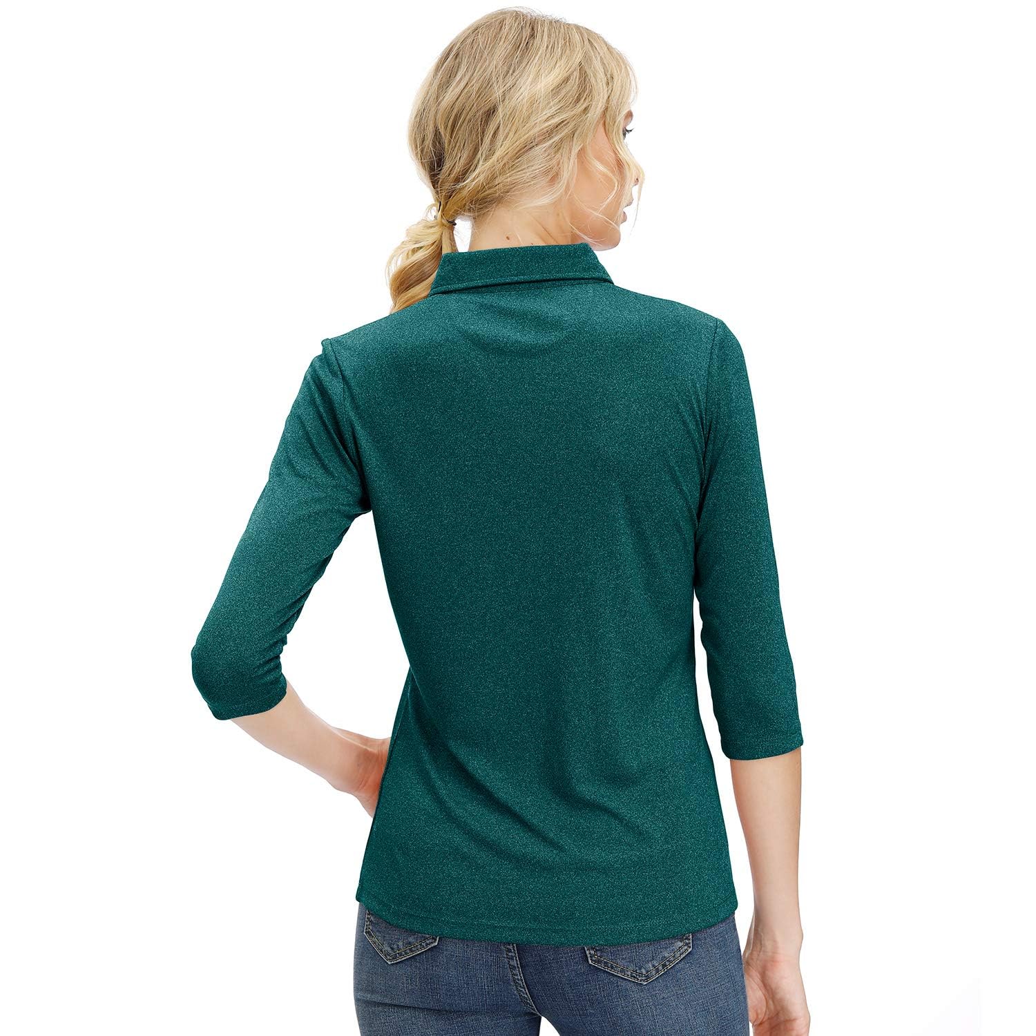 Corna Womens 3/4 Long Sleeve Polo T Shirts, UV Sun Protection Clothing,Moisture Wicking (Dark green-XL)