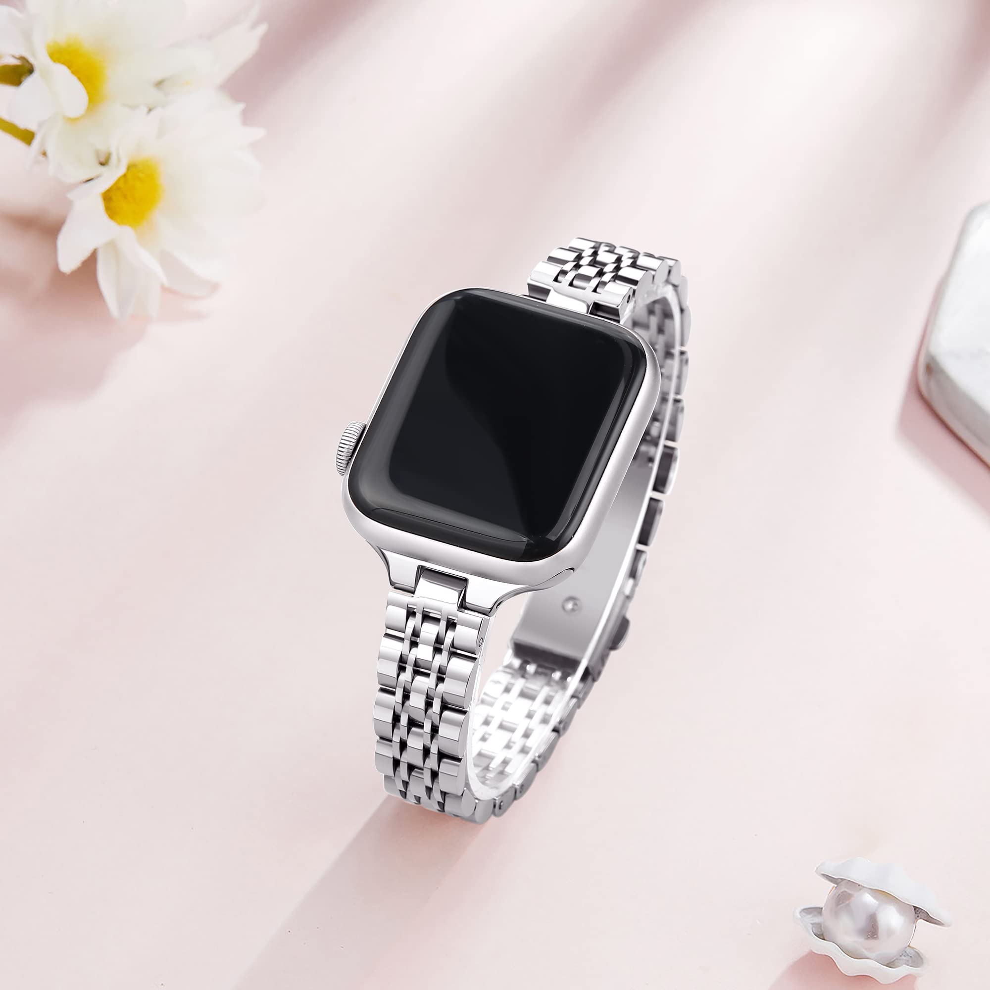 Secbolt Stainless Steel Slim Bands Compatible with Apple Watch 38mm 40mm 41mm iWatch Series 9/8/7/6/5/4/3/2/1/SE, Thin Bracelet for Women, Silver