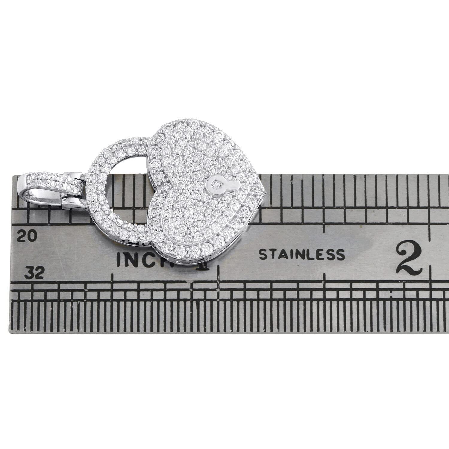DTJEWELSS 10K White Gold Finish Round Cut Diamond Heart & Lock Pendant 1.20" Statement Charm 1.50 CT.