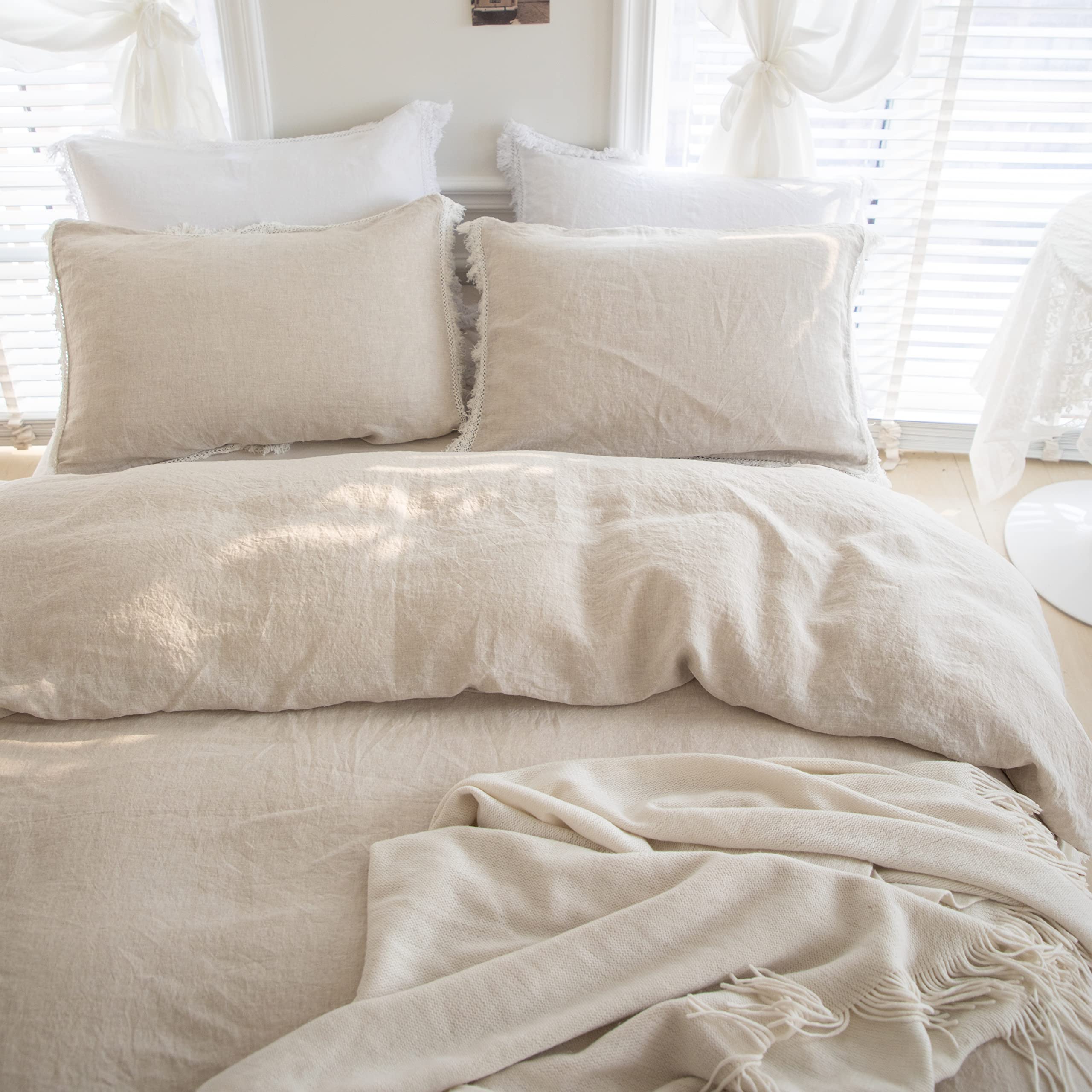 Simple&Opulence 100% Linen Boho Duvet Cover,3pcs Bohemian Textured Collection Bedding Set for All Seasons,French Country Comforter Cover Set with Pillow Shams (Queen, Tassel-White)