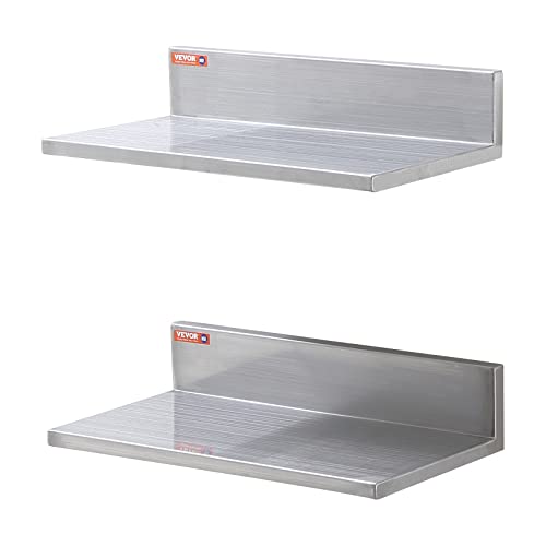 VEVOR 8.6" x 16" Stainless Steel Shelf, Wall Mounted Floating Shelving with Backsplash, 44 lbs Load Capacity Commercial Shelves, Heavy Duty Storage Rack for Restaurant, Kitchen, Bar, Home, and Hotel