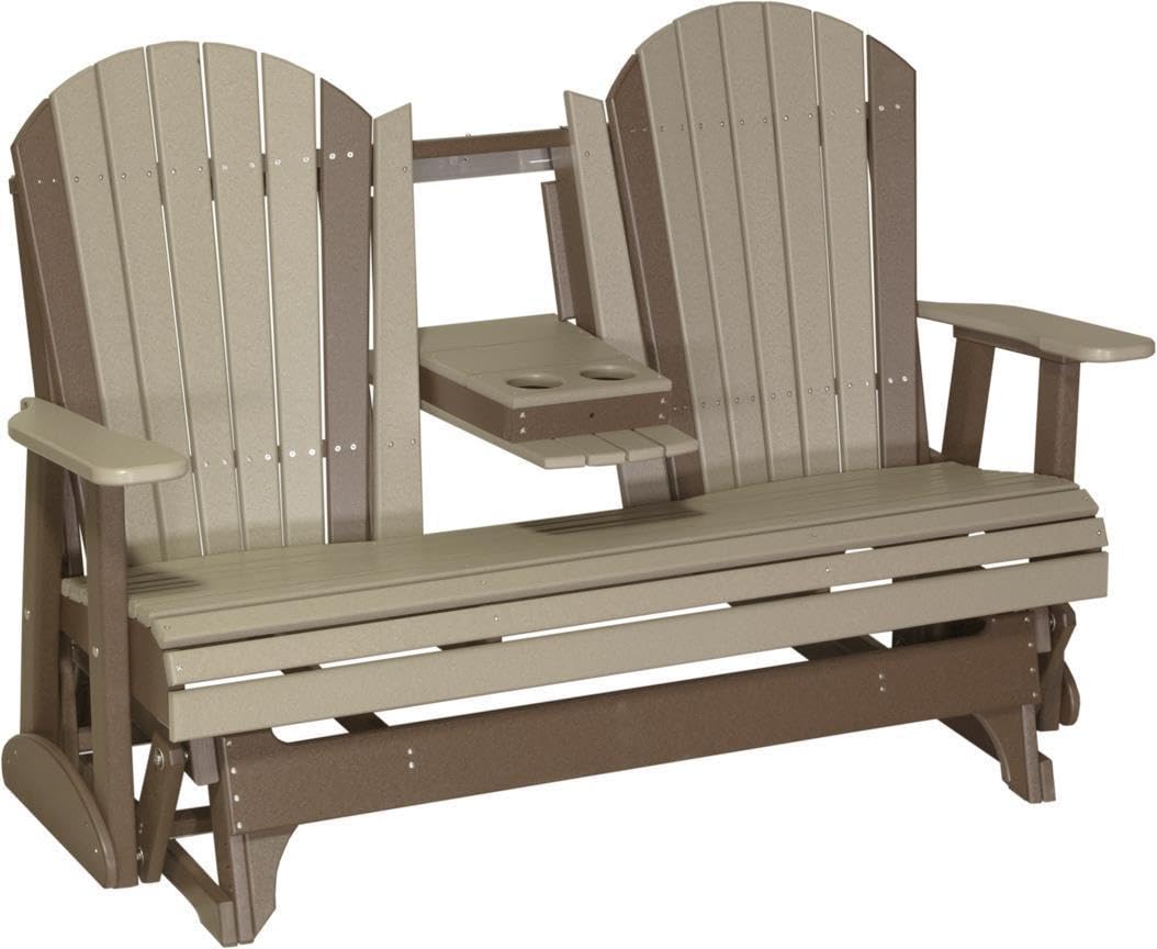 LuxCraft 5' Adirondack Double Glider Bench, 2 Person Glider Chair, Outdoor Glider Bench, Outdoor Loveseat Glider (Weatherwood on Chestnut Brown)