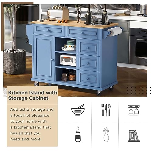 OTRIEK Kitchen Island, Kitchen Cart for Home with Rubber Wood Desktop, Rolling Serving Utility Trolley Cart on Wheel with Storage and 5 Draws, Kitchen Serving Cart for Dining Room, Bar (AAG-Blue)