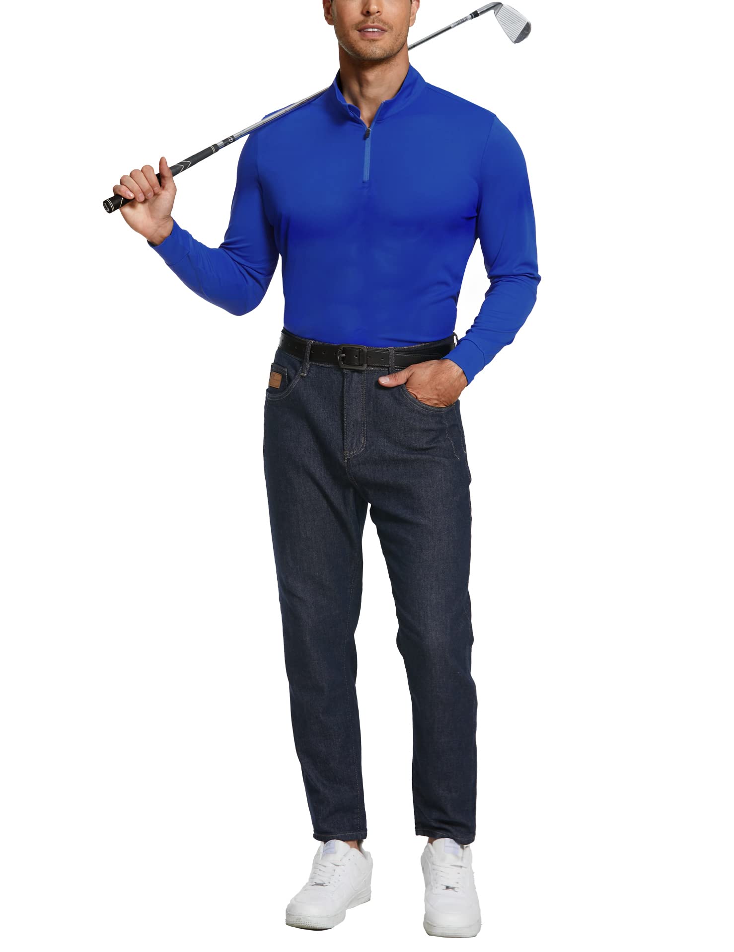 COOrun Men's Golf Shirts Long Sleeve Shirts Sports Polo Shirts Athletic Jersey Shirts 1/4-Zip Pullover Blue L
