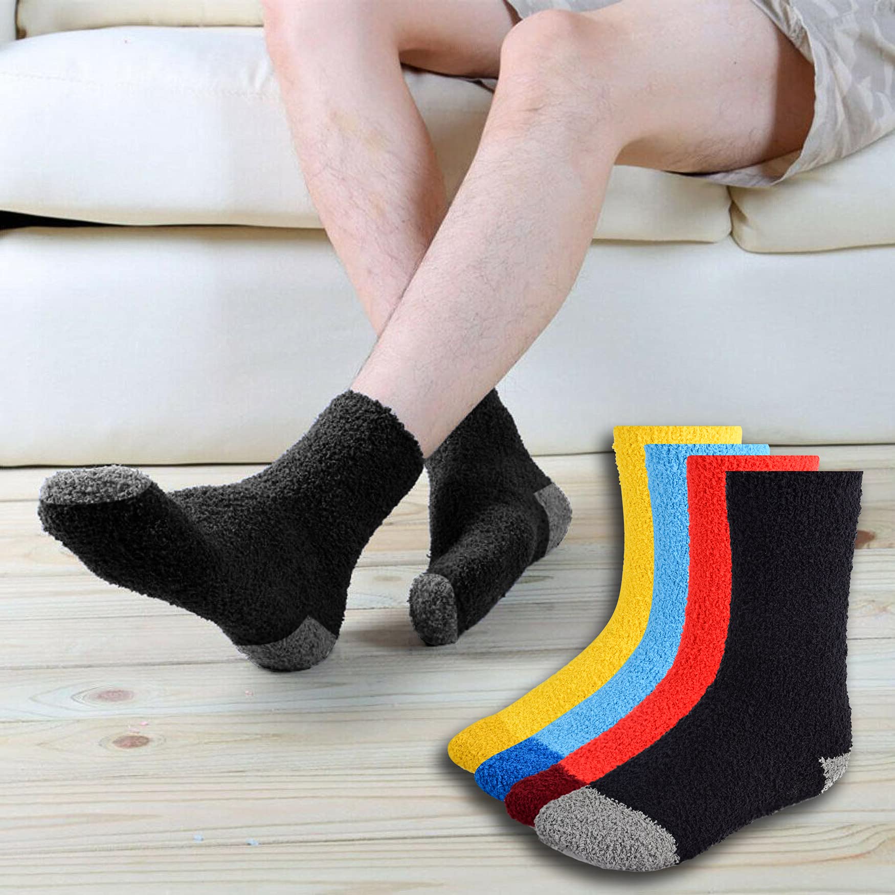 CyberGoods Men's Very Fuzzy Socks,Thermal,One Size Fits All,4 Pack,Black,Baby Blue,Honey Yellow,Wine Red