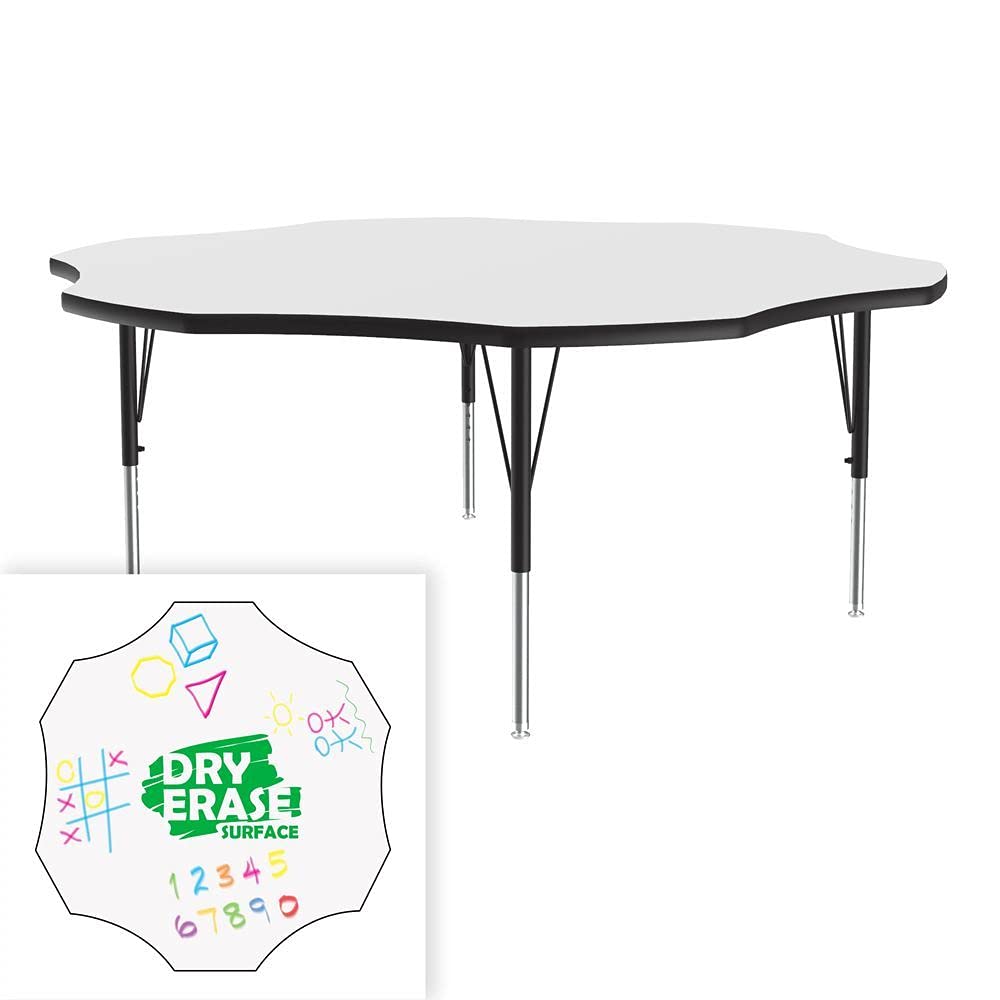 Correll 60" Flower Shaped, Classroom Dry Erase/Markerboard Top, Activity Table, Height Adjustable (19"-29), White Durable High Pressure Laminate, School Furniture, Made in The USA