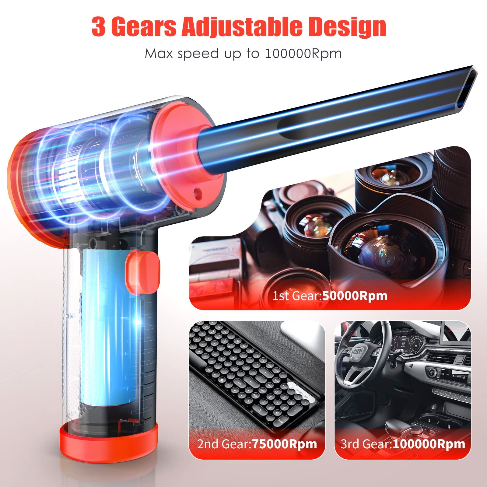 Compressed-Air-Duster, 100000RPM Keyboard Cleaner, 7800mAh Electric Air Blower Replaces Compressed Air Cans, Rechargeable Cordless Air Duster for Computer Laptop Keyboard Electronics Car Cleaning