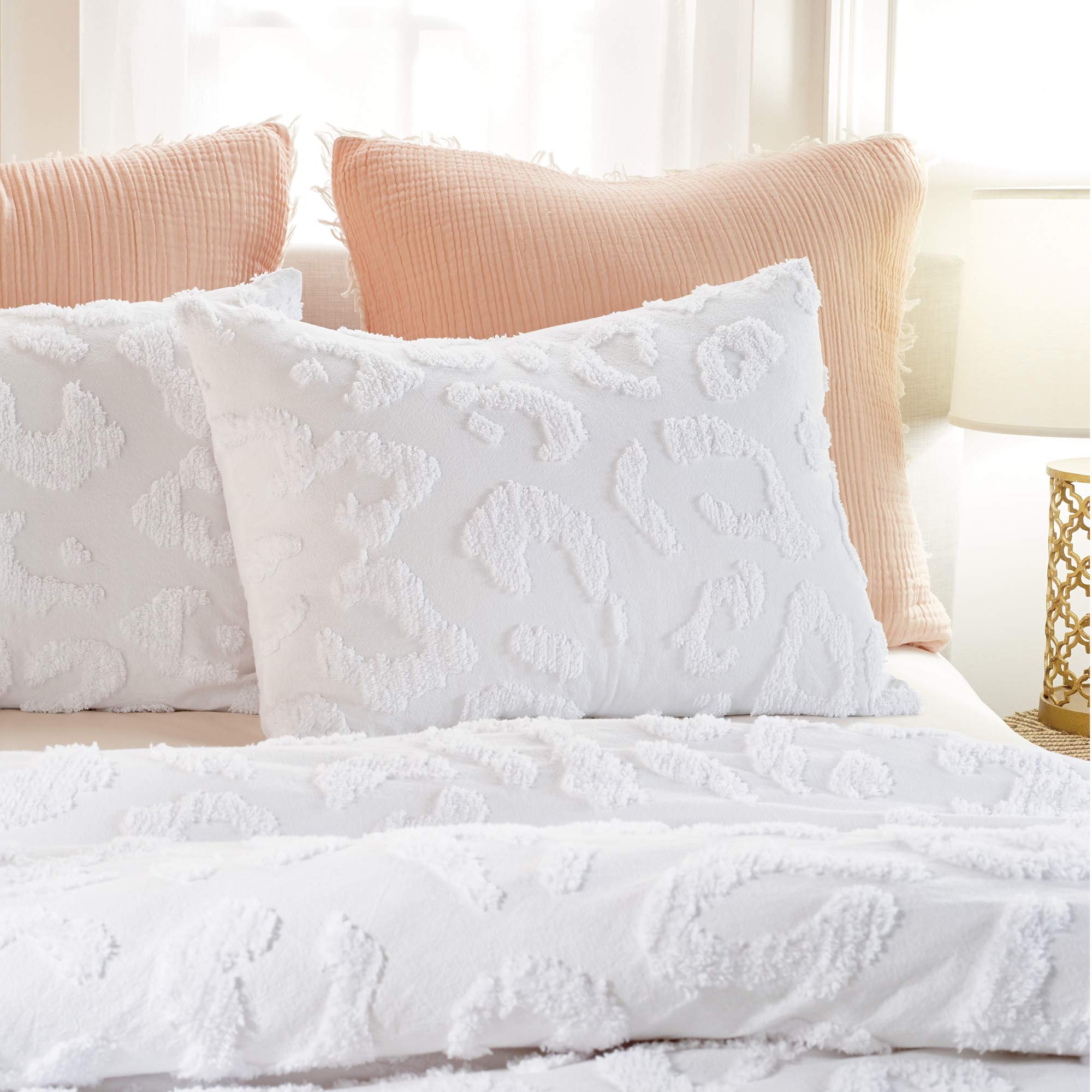 Peri Home Chenille Leopard 100% Cotton 3-Piece Duvet Cover & Sham Set, Full/Queen, White