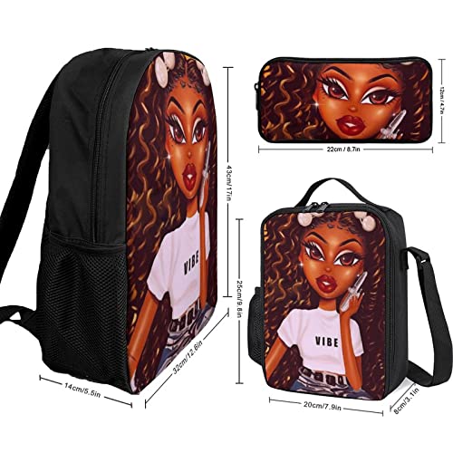 JYSDZSE African Girls 3D Printed Backpack 17 Inch Set School Bag/Crossbody/Pencil Bag Three Piece Backpack for Men and Women