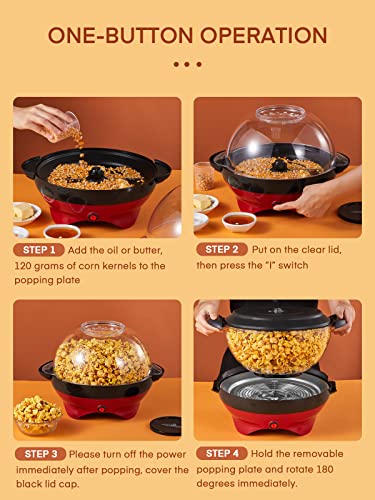 Popcorn Machine, 6.3 Qtrs./28 Cup Popcorn Maker, 800w Stir Crazy Popcorn Popper with Quick-Heat Technology, Removable Non-Stick Surface, Cool Touch Handles, Thicken Transparent Cover, 2 Measuring Cap