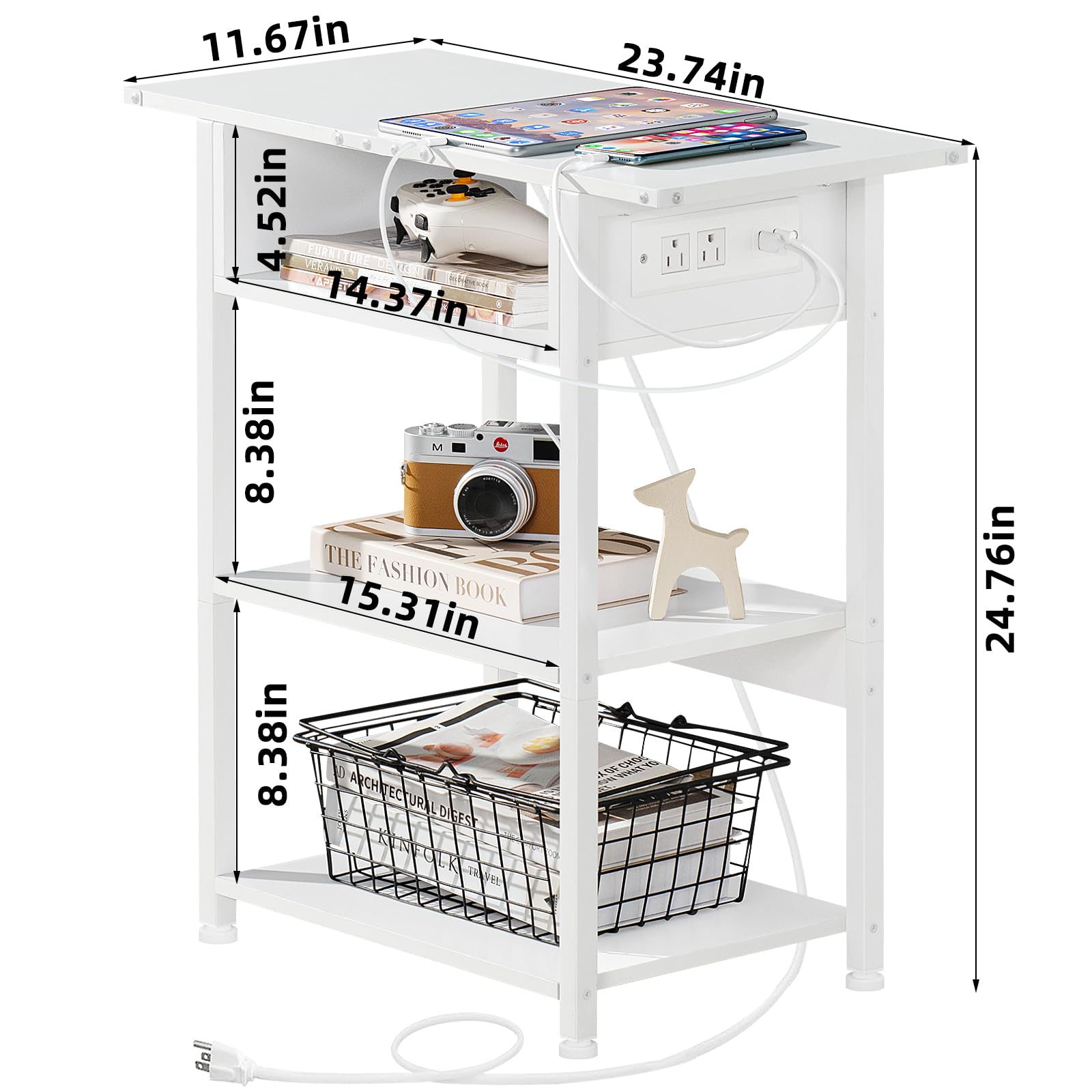 Lerliuo Side Table with Charging Station,Narrow End Table with USB Ports and Outlets,White Skinny Nightstand with Open Storage Shelf for Small Space,Slim Sofa Bedside Table for Living Room Bedroom