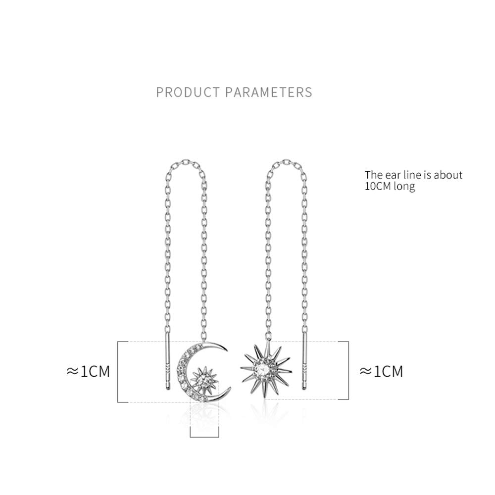 Crystal Crescent Moon Star Tassel Threader Chain Earrings S925 Sterling Silver Asymmetrical Dainty CZ Crystal Dangling Sun Long Chains Earring Jewelry for Women Girls (White Gold)