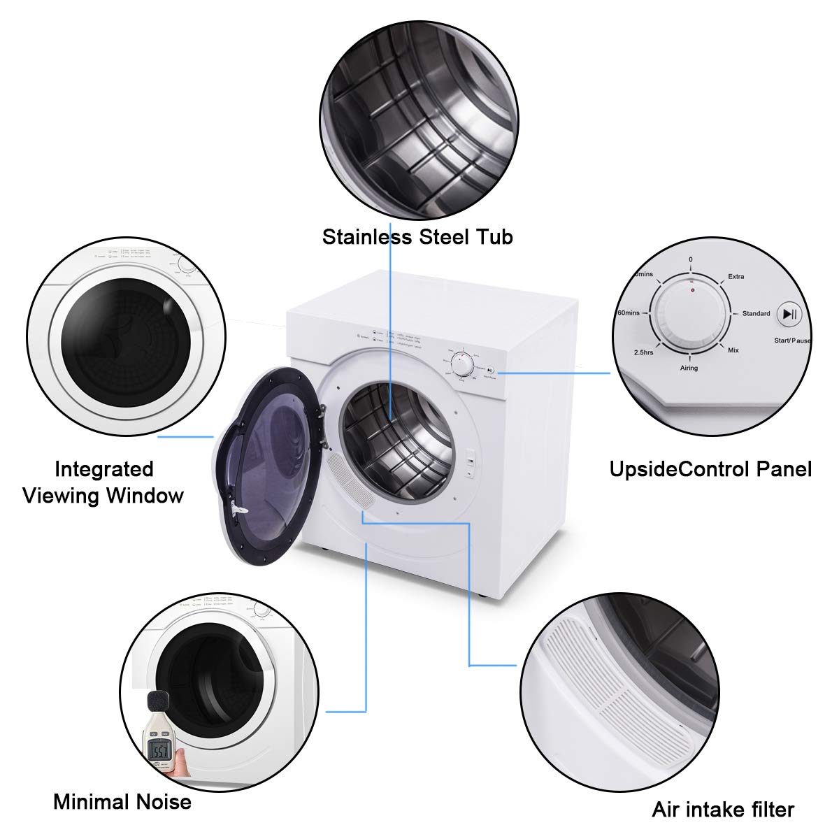 COSTWAY Electric Portable Laundry Dryer, 12LBS Capacity Tumble Dryer with 1500W Drying Power, 3.5 Cubic Feet Front Load, Portable Clothes Dryer Easy Control for 7 Automatic Drying Mode, White