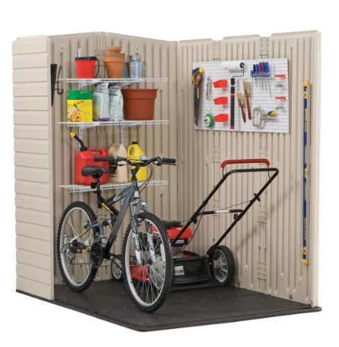 Rubbermaid Large Plastic Vertical Resin Weather Resistant Storage Shed, 5 x 6 Ft., Sandstone, for Garden/Backyard/Home/Pool/Bikes/Lawn Mowers