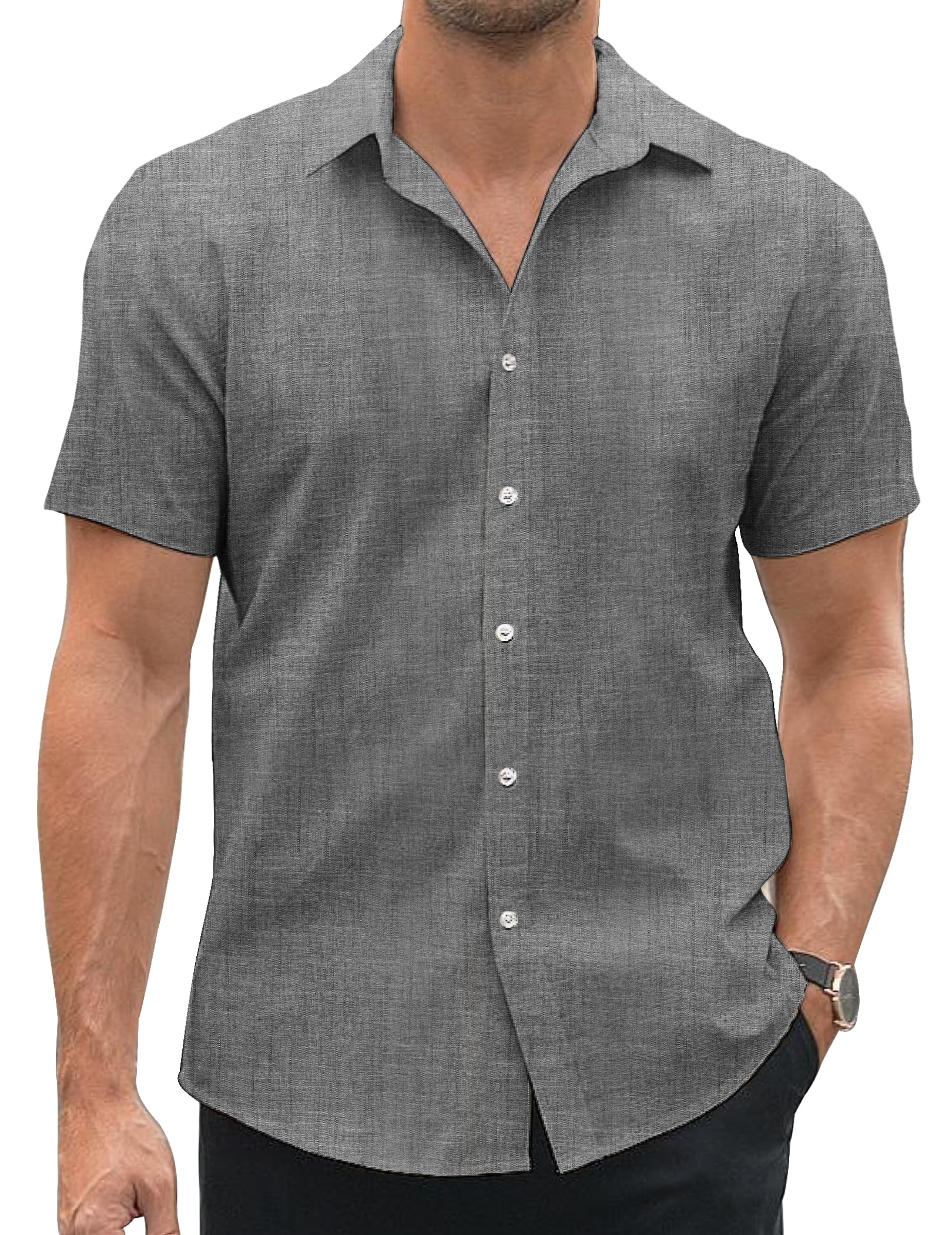 COOFANDY Mens Cotton Linen Shirts Short Sleeve Button Down Shirts Casual Summer Beach Vacation Shirts