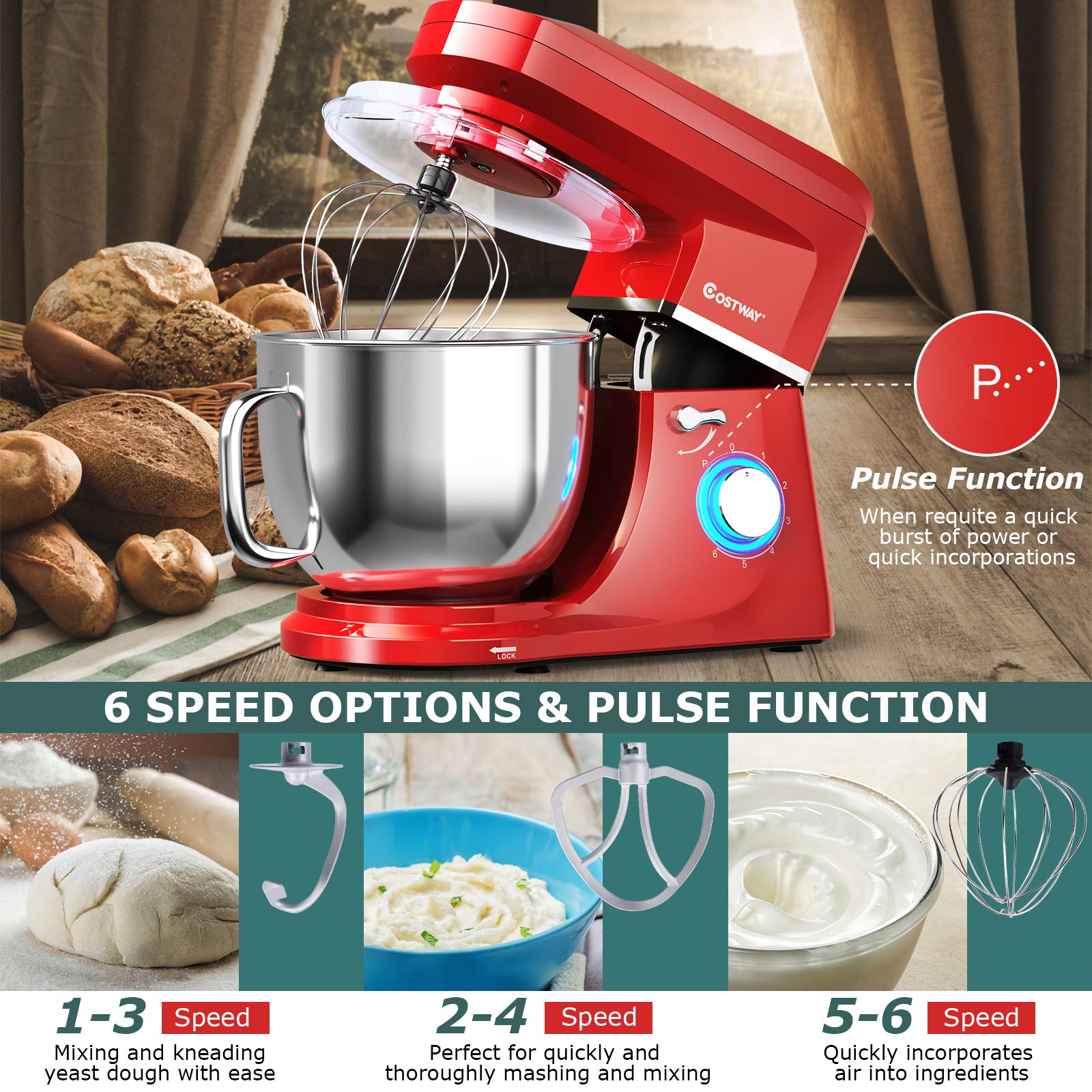COSTWAY Stand Mixer, 7.5 Qt 6-speed 660W Tilt-Head Food Mixer with Pulse Function, Dough Hook, Whisk, Beater, Stainless Steel Bowl & Splash Guard (Red)
