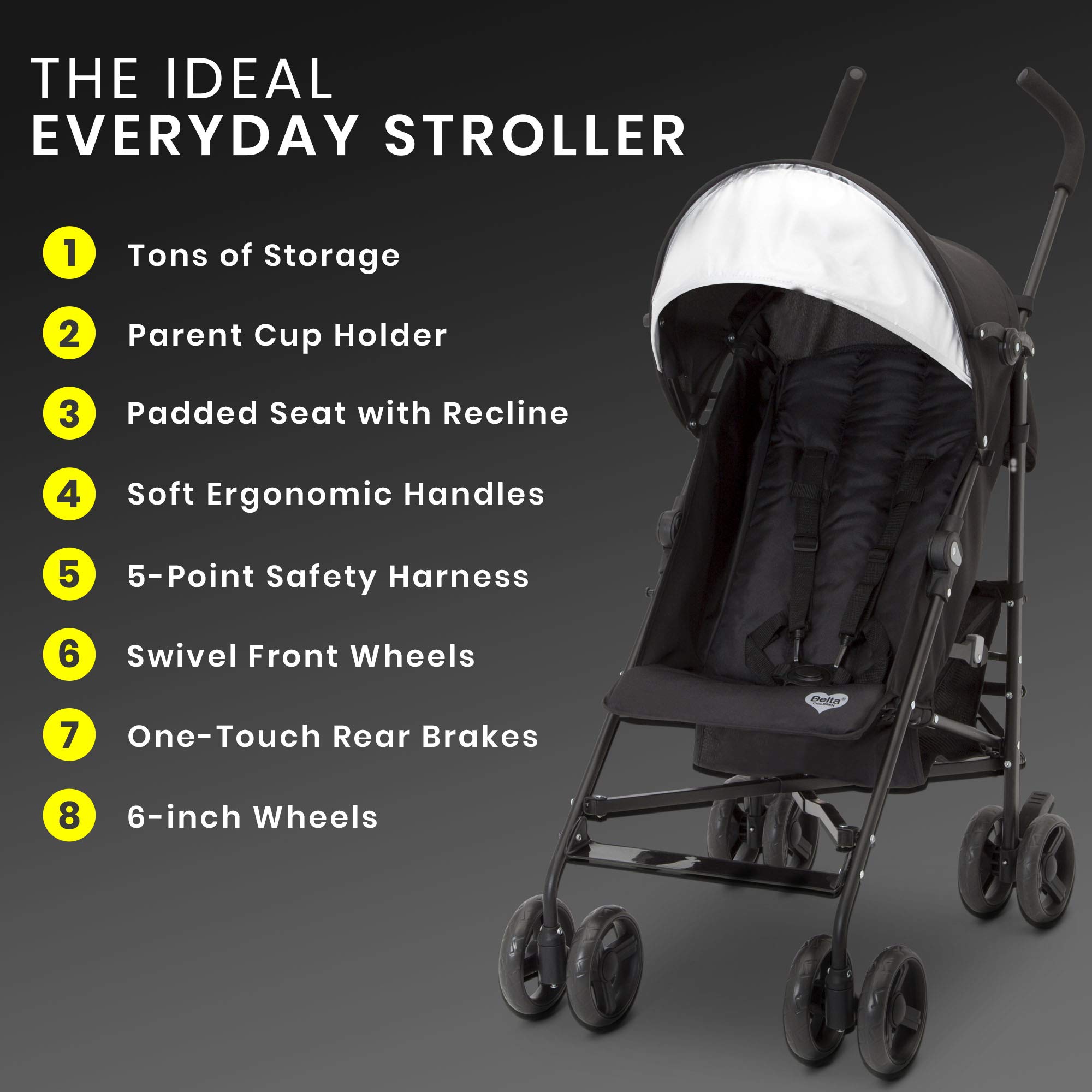 Delta Children Pilot Stroller - Extremely Lightweight Aluminum Travel Stroller with Supportive Recline, Oversized Canopy, Compact Fold & Shock Absorbing Frame-Includes Cup Holder & Storage Bin, Black
