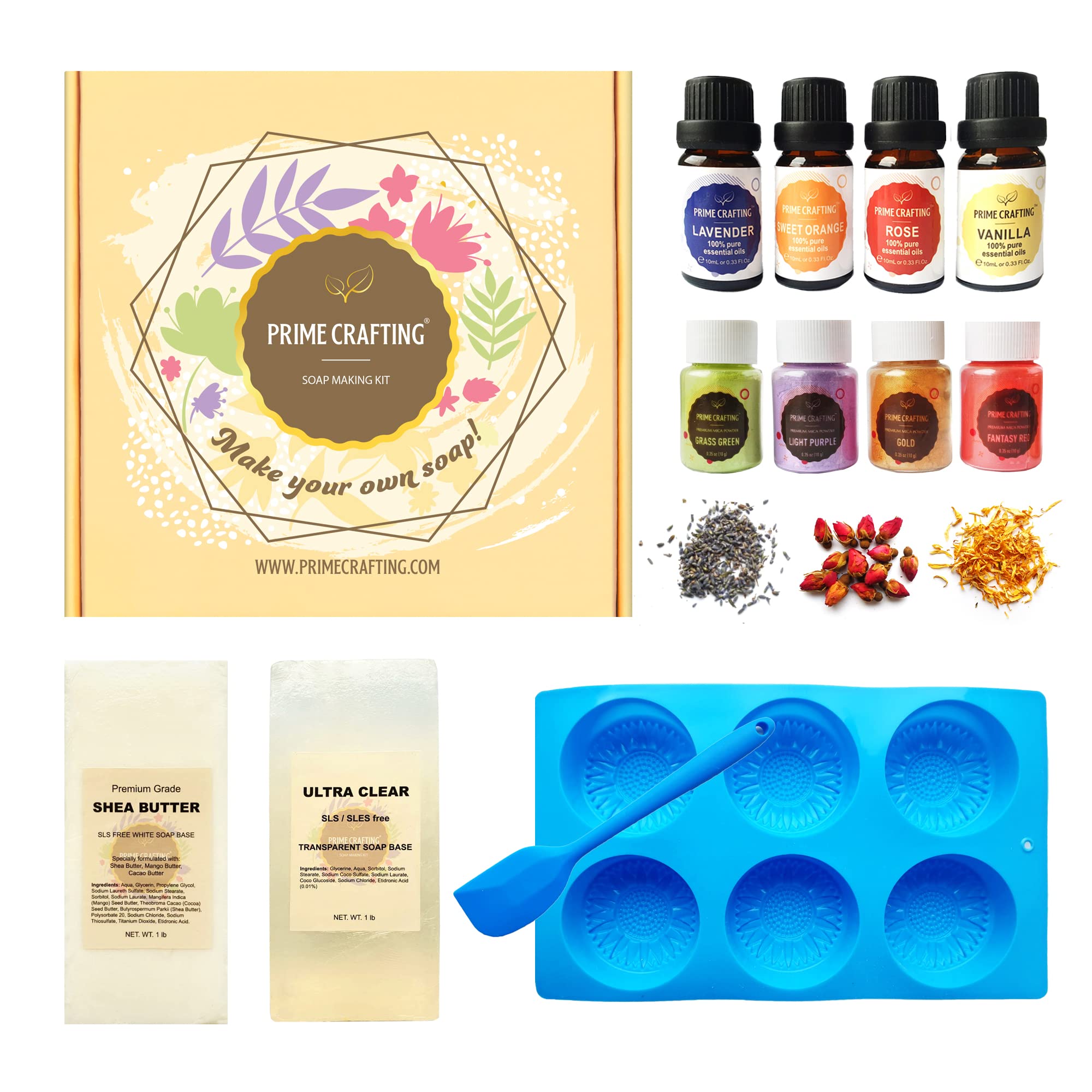 DIY Soap Making Kit - Soap Making Supplies with 1lb Shea Butter Soap Base & 1lb Ultra Clear Soap Base, 4 Mica Powders & 4 Essential Oils β 1 Silicone Soap Mold with Spatula & Dried Flowers