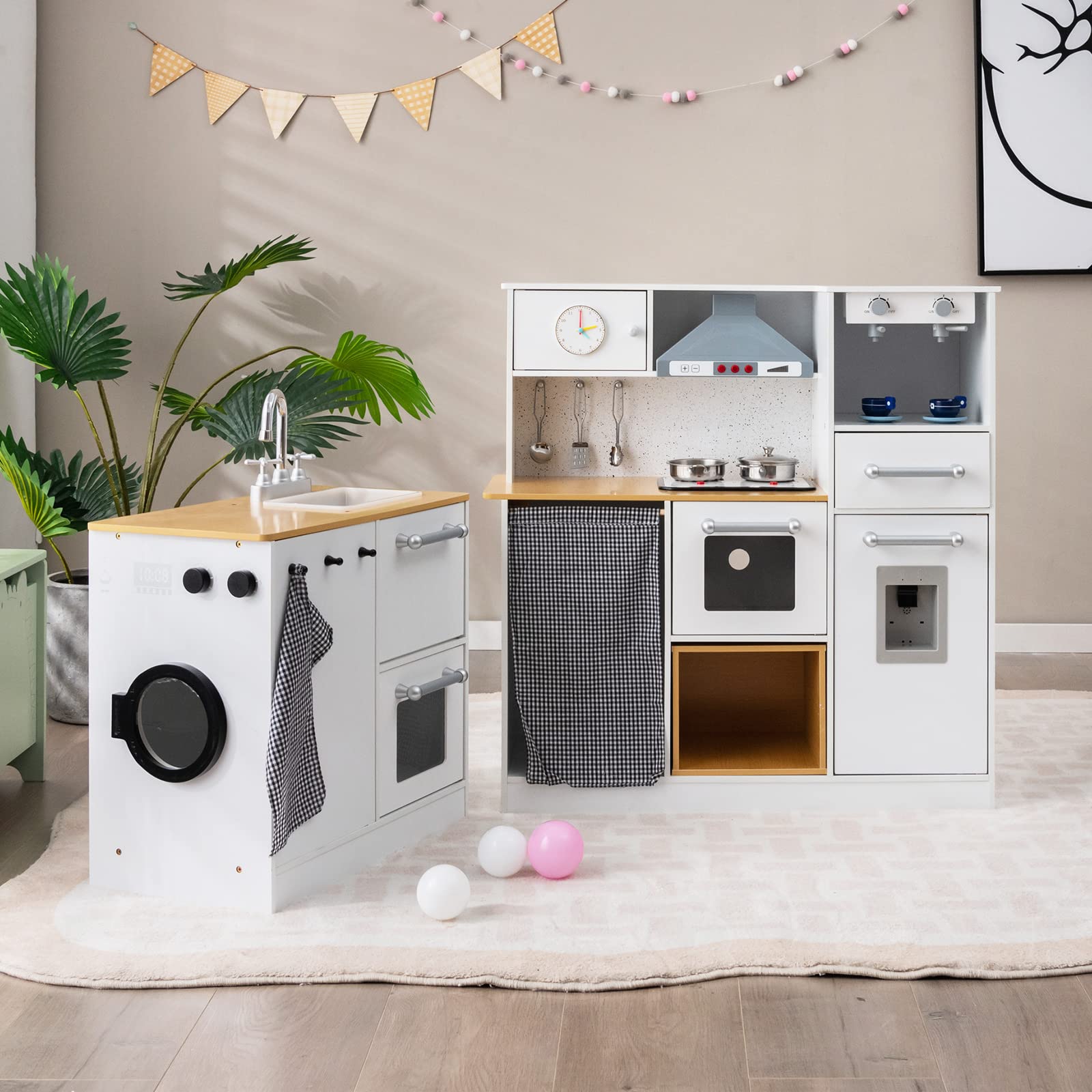Costzon 2-Piece Kids Kitchen Playset, Wooden Pretend Play Kitchen & Washing Machine Toy Set w/Realistic Light & Sound, Coffee Maker, Water Dispenser, Stove, Utensils, Sink