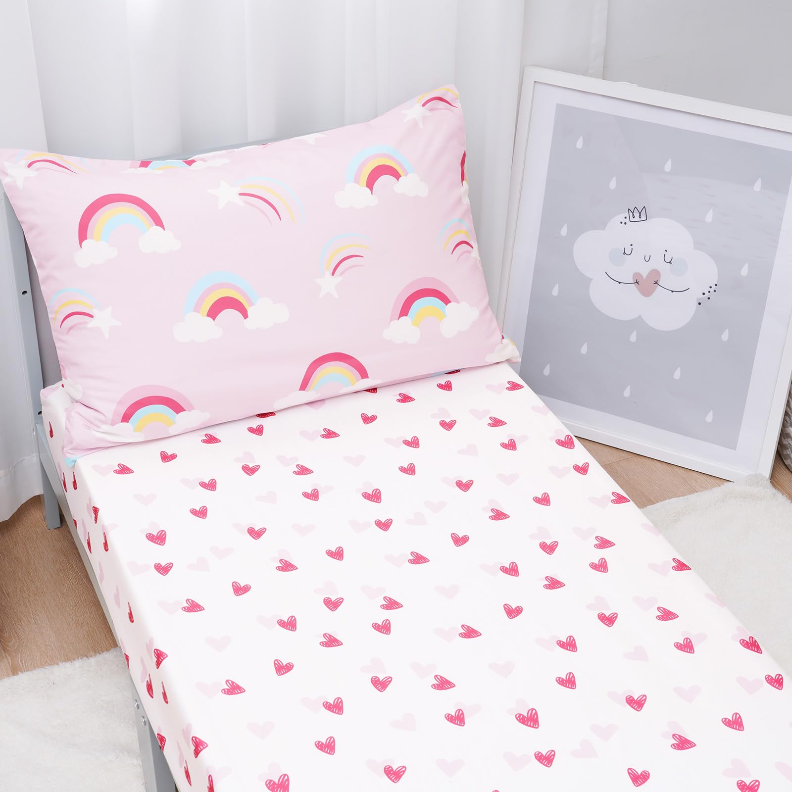 david's kids 4 Piece Toddler Bedding Set - Soft Breathable Toddler Bedding Set for Boys Girls, includes Quilted Comforter, Flat Sheet, Fitted Sheet and Pillowcase, Rainbow