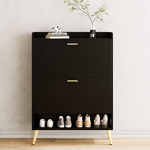 Osfvolr Shoe Cabinet with 2 Flip Drawers, Free Standing Tipping Bucket Shoe Rack Organizer with Top Cubby, Shoe Storage Organizer with Open Shelves for Narrow Closet, Entryway, Black