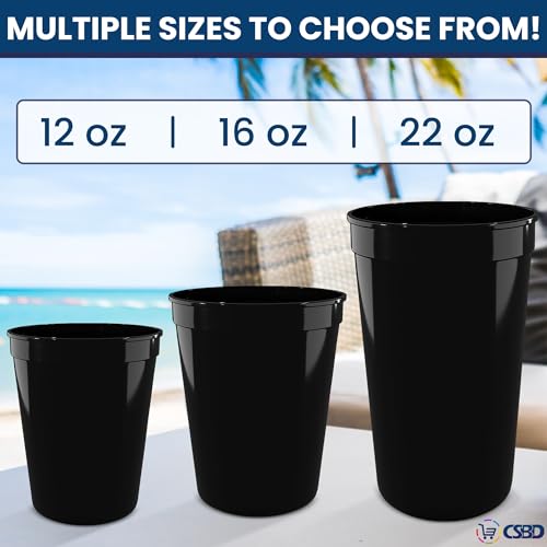 CSBD Stadium 12 oz. Plastic Cups, 10 Pack, Blank Reusable Drink Tumblers for Parties, Events, Marketing, Weddings, DIY Projects or BBQ Picnics, No BPA (Black)