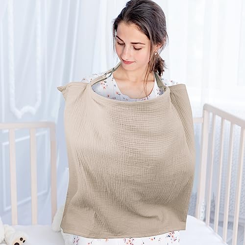 Muslin Nursing Cover for Baby Breastfeeding, Breathable Privacy Nursing Cover with Arch Neckline for Mom, Organic Cotton Multi-use Nursing Apron (Wheat)