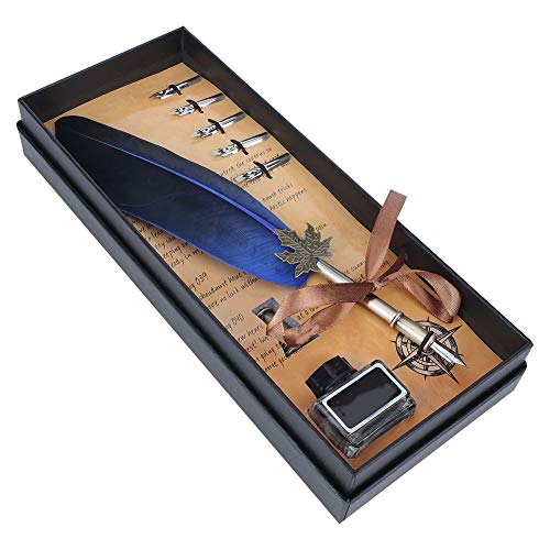 Vintage Feather Pen Set, Calligraphy Writing Quill Ink Dip Pen Writing Ink Set Stationery Gift Box(Blue)
