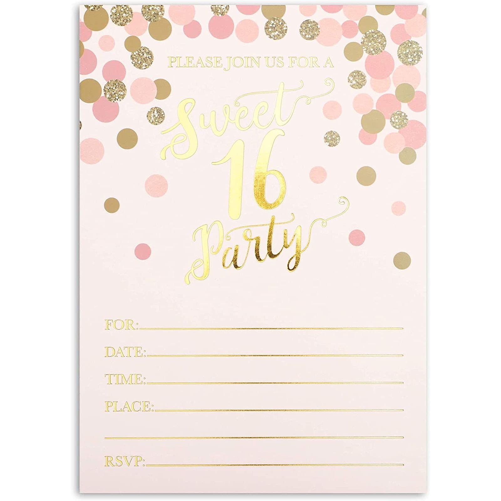 Sparkle and Bash 36-Pack Sweet 16 Birthday Party Invitations With Envelopes for RSVP Party (Pink & Gold, 7 x 5 In)