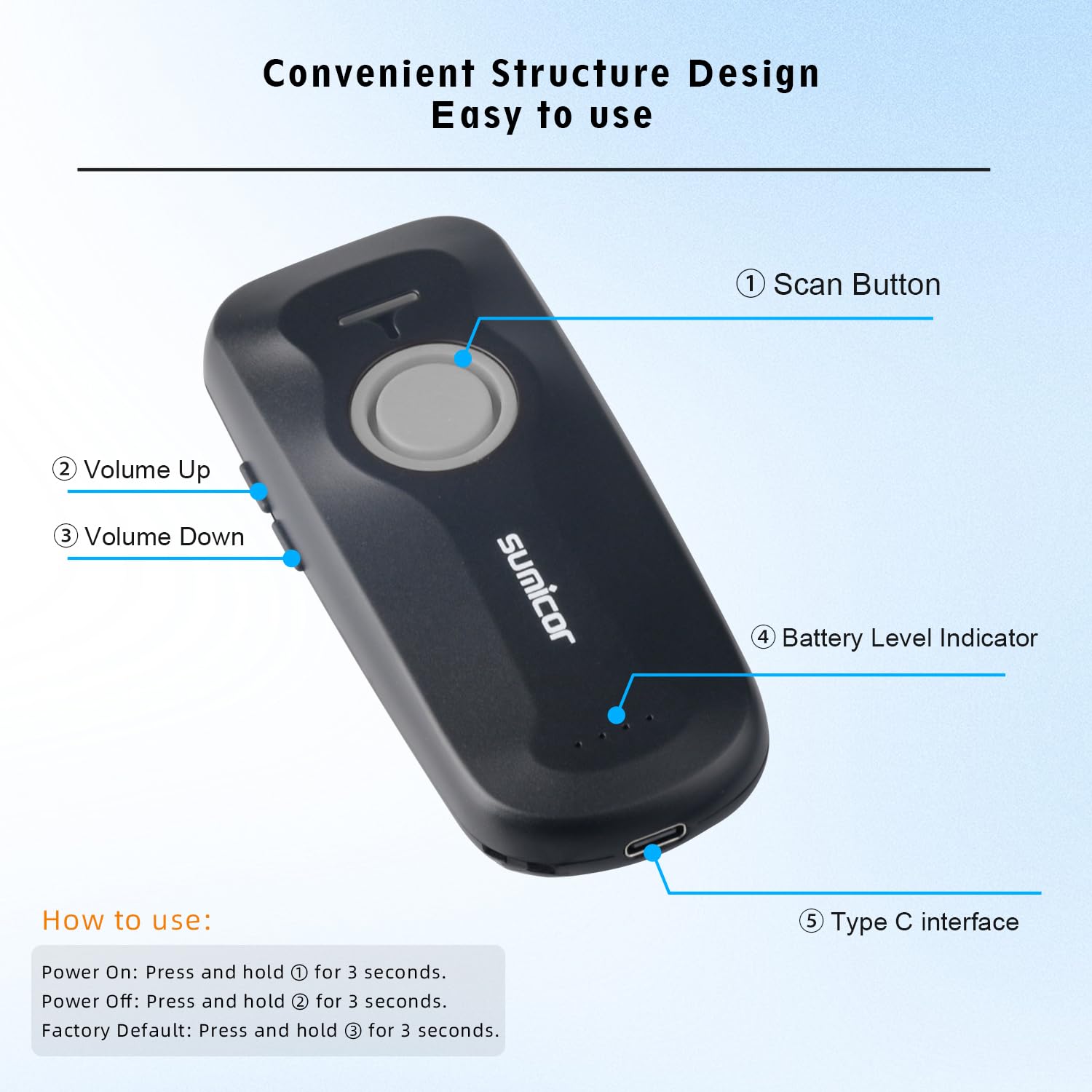 Sumicor Portable 2D Bluetooth Barcode Scanner, 1500mAh Rechargeable Battery with Level Indicator & Volume Keys, 3-in-1 Bluetooth & USB Wired & 2.4G Wireless Mini QR Barcode Scanner