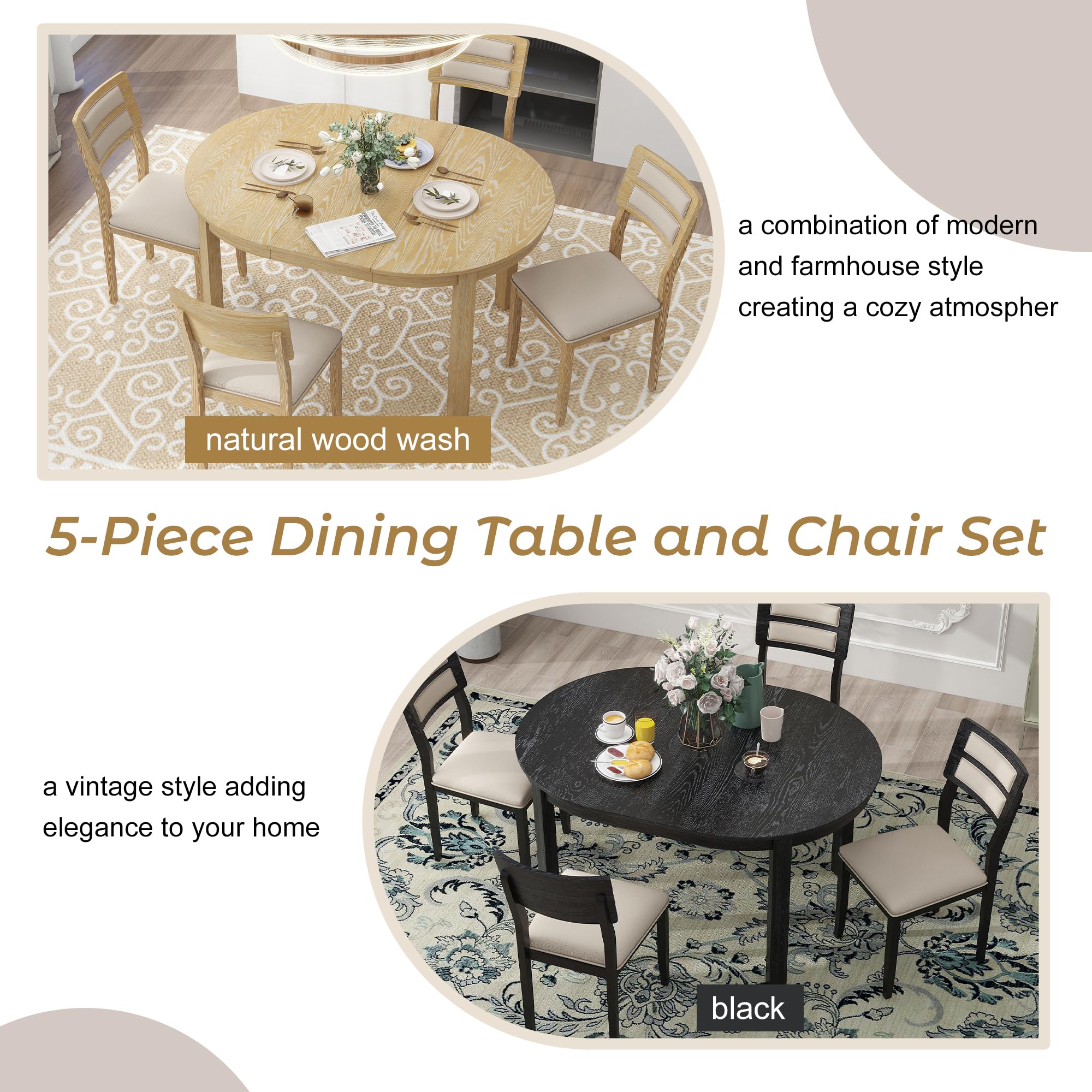 Merax Farmhouse Wooden Dining Set of 5, 56 inch Extendable Kitchen Table with Two Drawers, 4 Chairs with Backrest, Easy Assemble Black