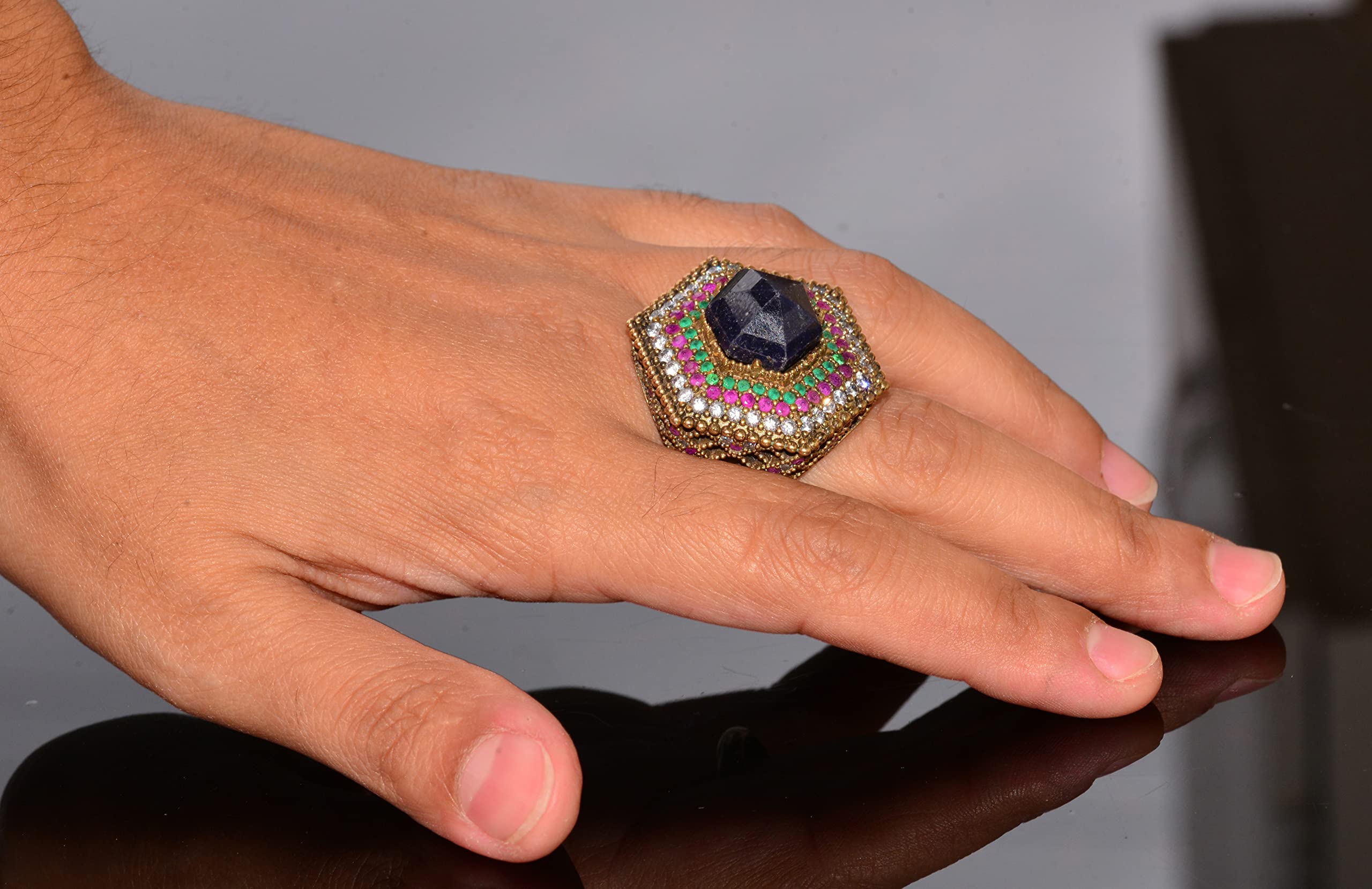 Falcon Jewelry Real Natural Sapphire Gemstone Ring, 12.35 Carat, Sterling Silver Unisex Hurrem Sultan Ring