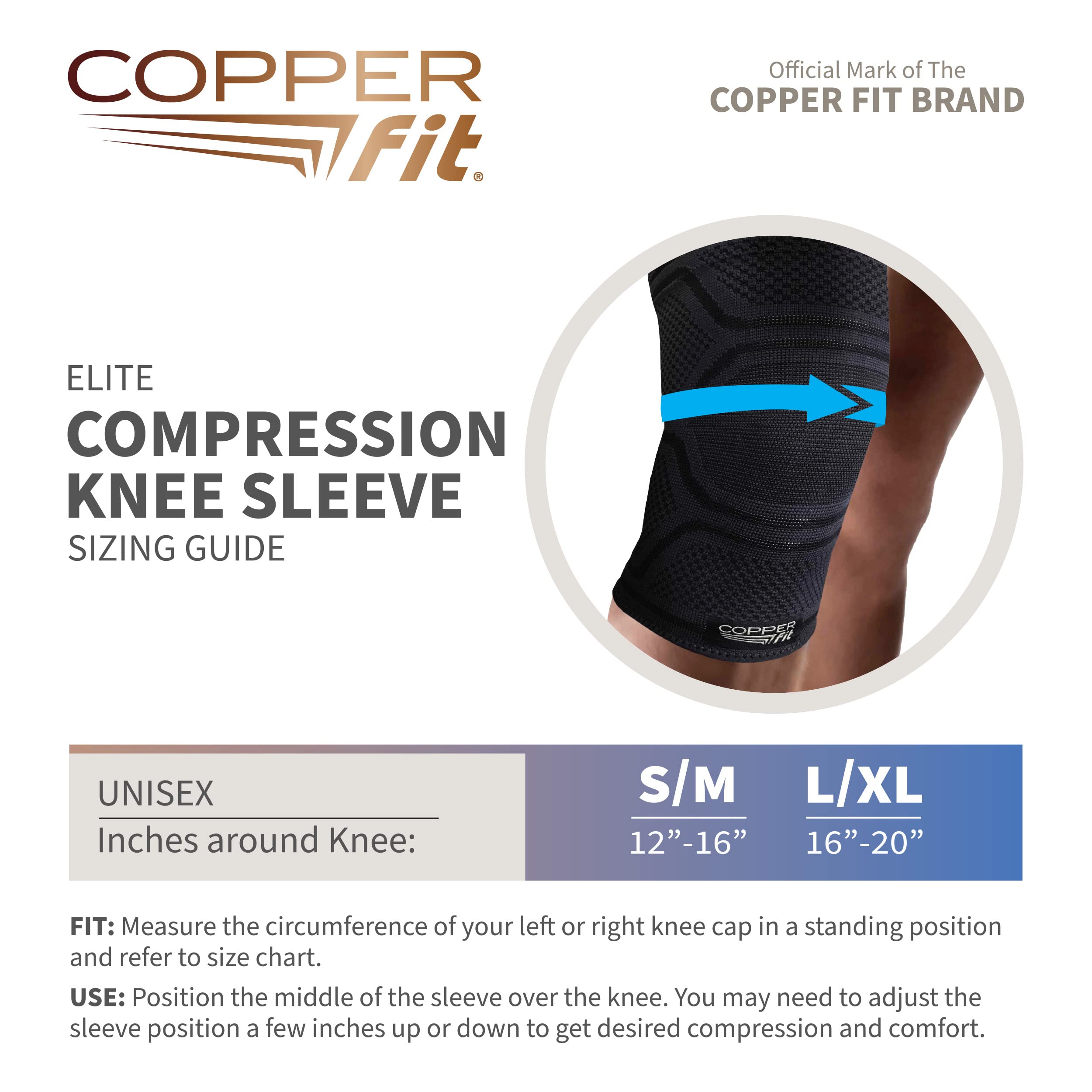 Copper Fit Elite Knee Compression Sleeve Knee Brace, Black (Large/X-Large 16"-20") | One Knee Sleeve Included