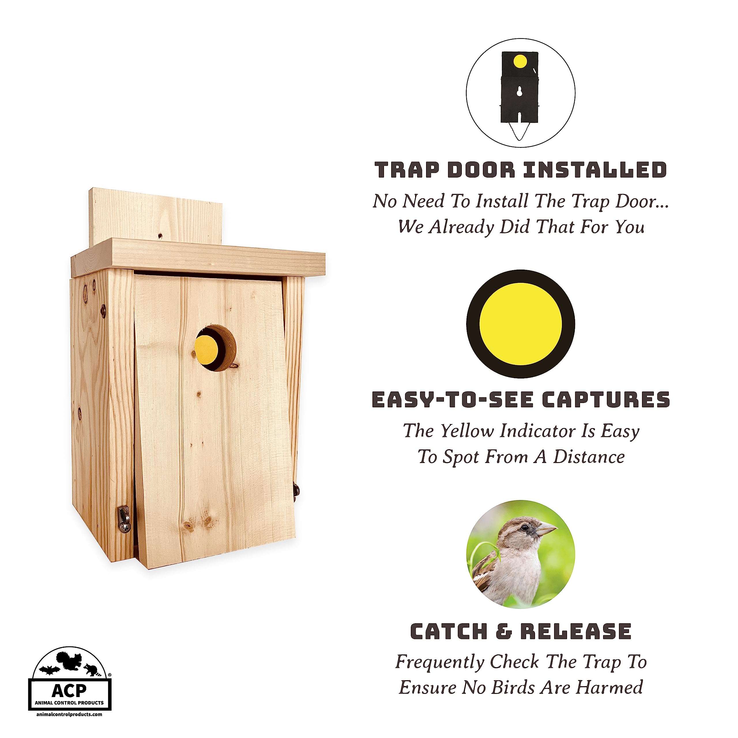 Sparrow Birdhouse Trap 1.5" Bird Hole w/Trap Door | Highly Effective & Easy to Use | Catch and Release Problem Sparrows Small Woodpeckers Wrens & Small Little Annoying Grey Brown Birds Species