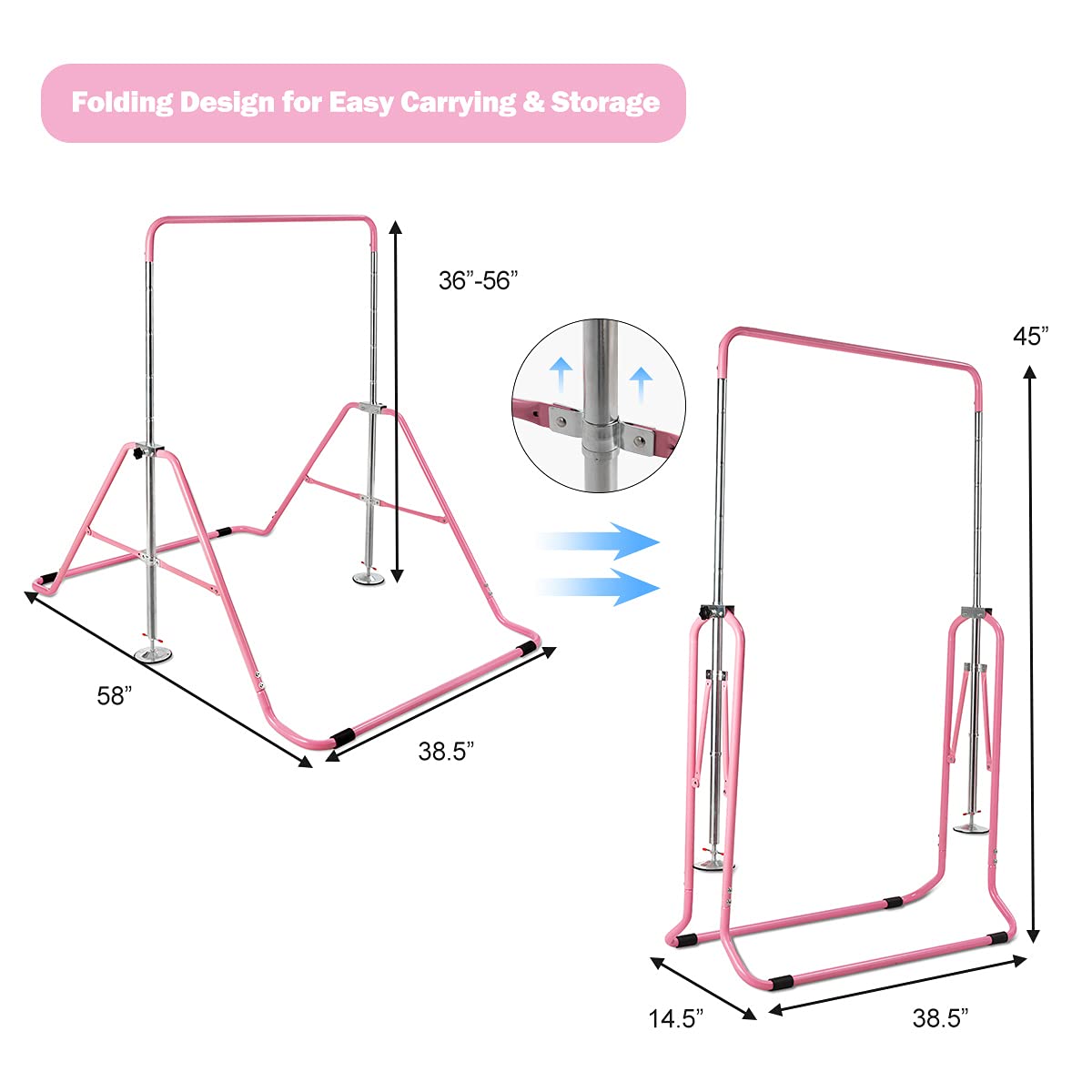 Costzon Expandable Gymnastics Training Bar, Folding Gymnastics Bar with Triangular Structure, 3 to 4.5 FT Height Adjustable Junior Horizontal Kip Bar, Training Monkey Bars for Kids Gymnasts (Pink)