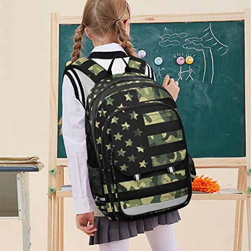 Vnurnrn Kids Backpack American Flag with Green Camo Print Big Storage Multi Pockets 17.7 IN School Backpack with Chest Buckle Reflective Strip for Boys Girls 6+ years in Primary Middle High School