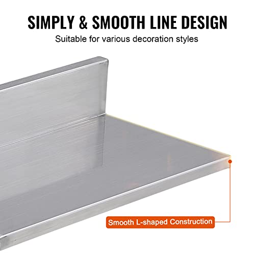 VEVOR 8.6" x 16" Stainless Steel Shelf, Wall Mounted Floating Shelving with Backsplash, 44 lbs Load Capacity Commercial Shelves, Heavy Duty Storage Rack for Restaurant, Kitchen, Bar, Home, and Hotel