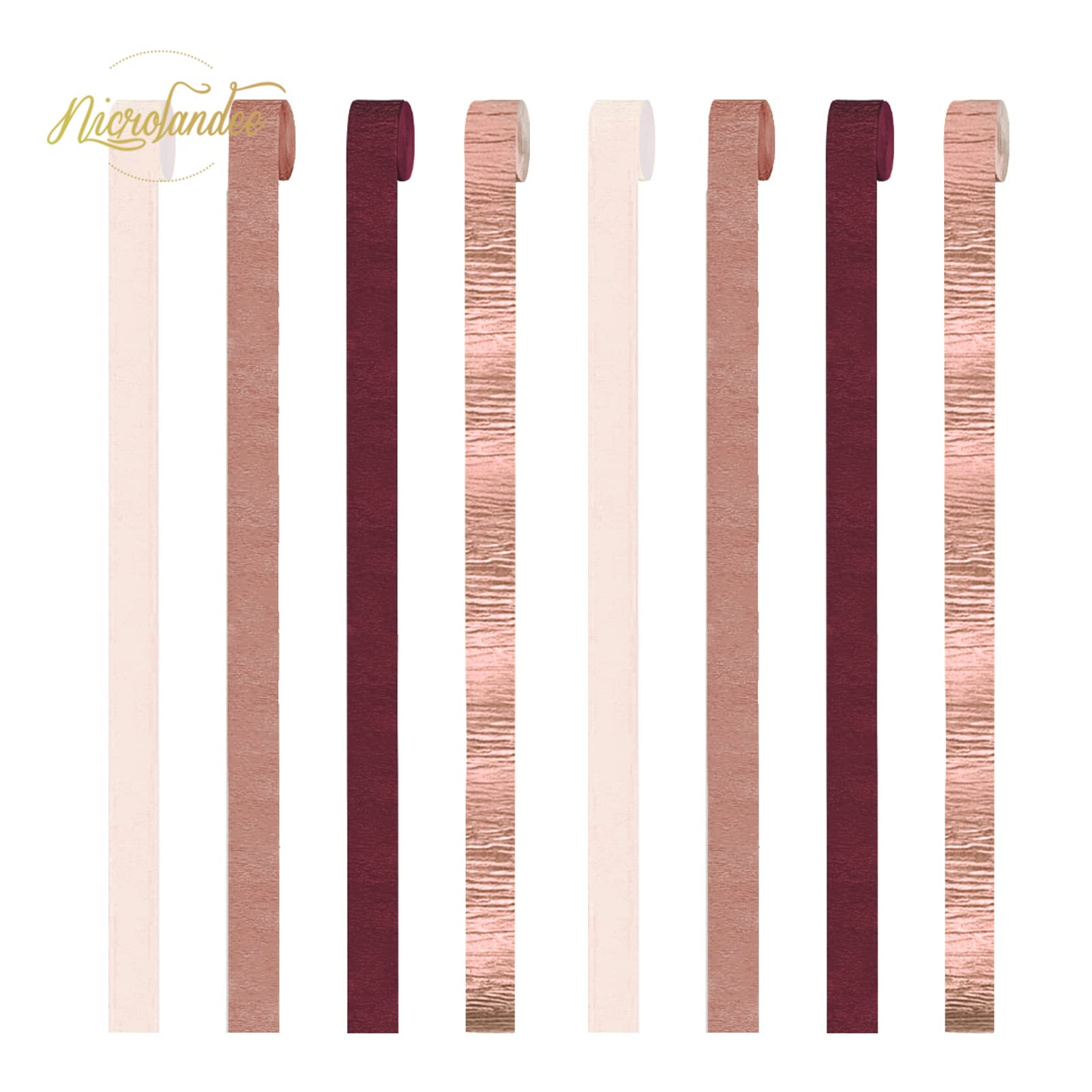 NICROLANDEE 8 Rolls Burgundy Rose Gold Crepe Paper Streamer Rolls for Birthday Wedding Engagement Bridal Shower Bachelorette Anniversary Valentine's Day Decorations