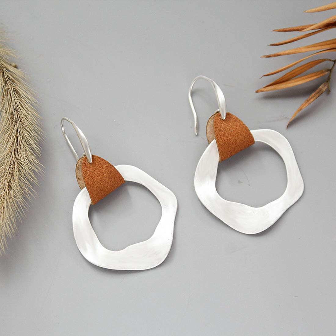 CrownUS Leather Hammered Earring Packs Boho for Women Ladies Silver Plated Irregular Geometric Dangle Drop Ear Jewelry