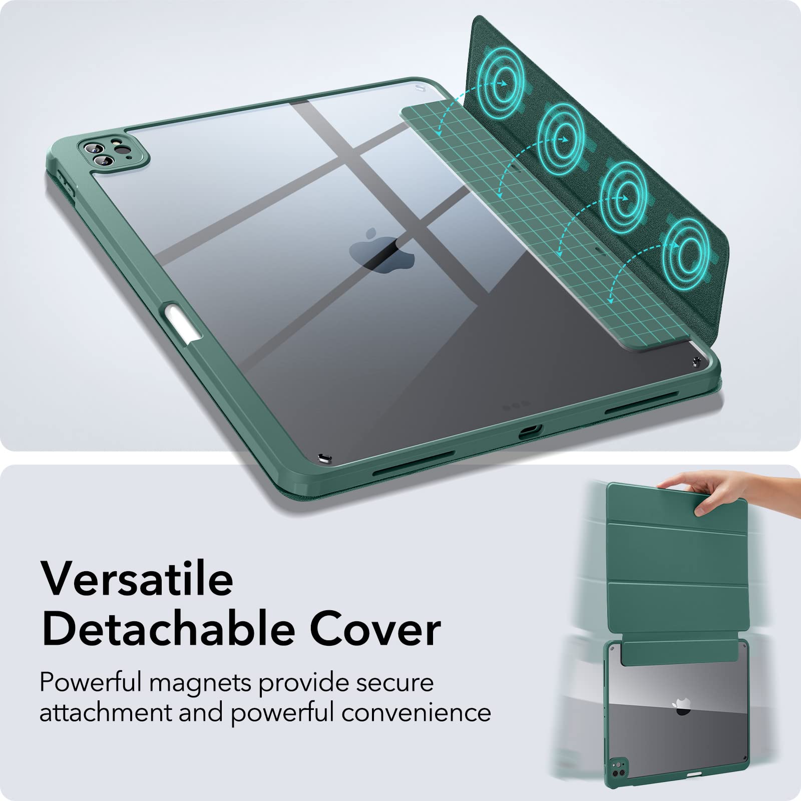 ESR Hybrid Case Compatible with iPad Pro 12.9 Inch 2021/2020/2018 (5th/4th/3rd Generation) with Pencil Holder, Detachable Magnetic Case, Hard PC Back Cover, Auto Sleep/Wake, Rebound Series, Green