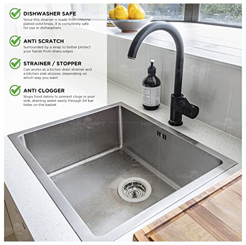 Highcraft 9734 Heavy Duty Kitchen Sink (3-1/2 Inch) Stainless Steel Drain Assembly with Strainer Basket Kohler Style Stopper, Stainless-Steel